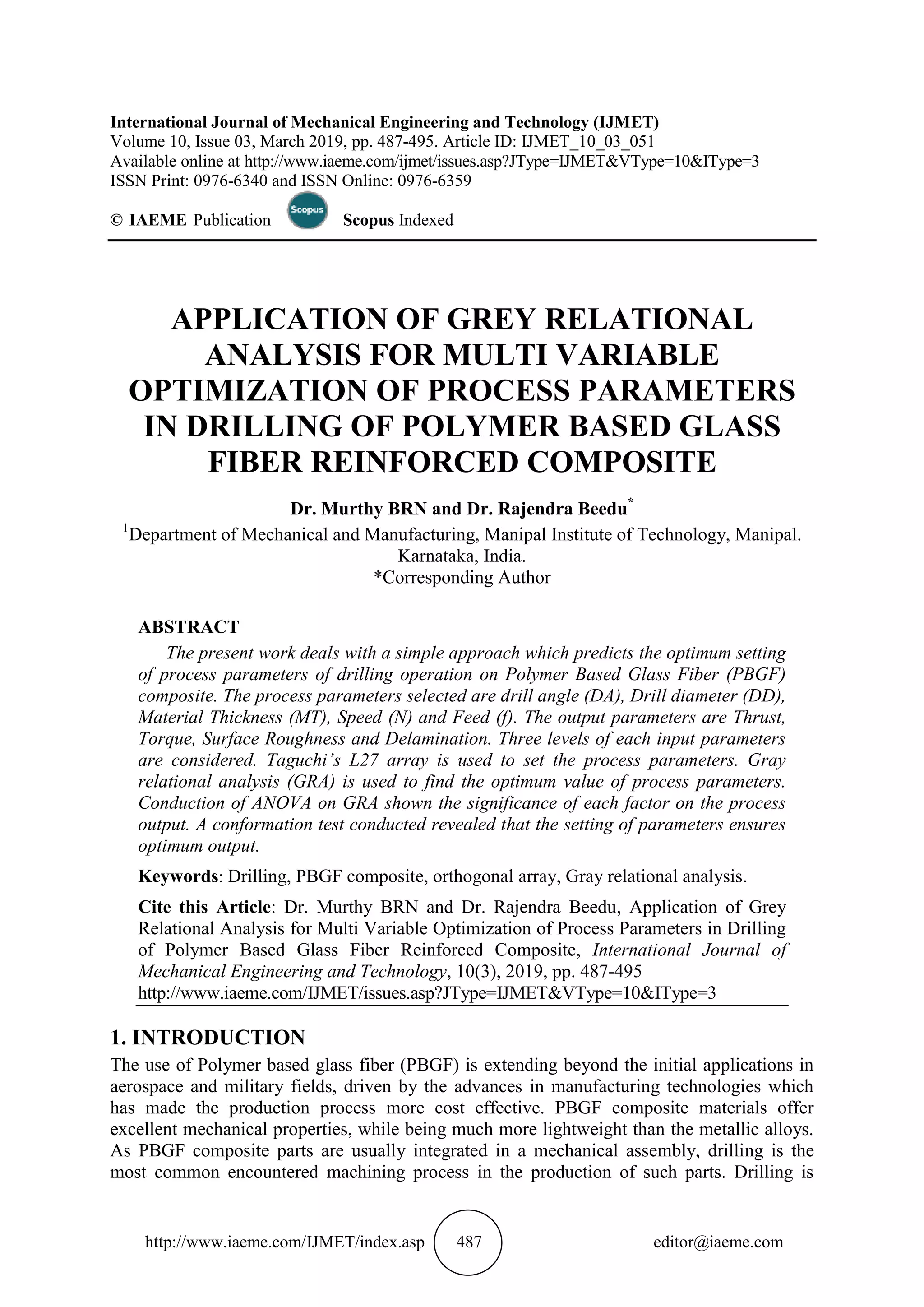 APPLICATION OF GREY RELATIONAL ANALYSIS FOR MULTI VARIABLE OPTIMIZATION OF PROCESS PARAMETERS IN ...