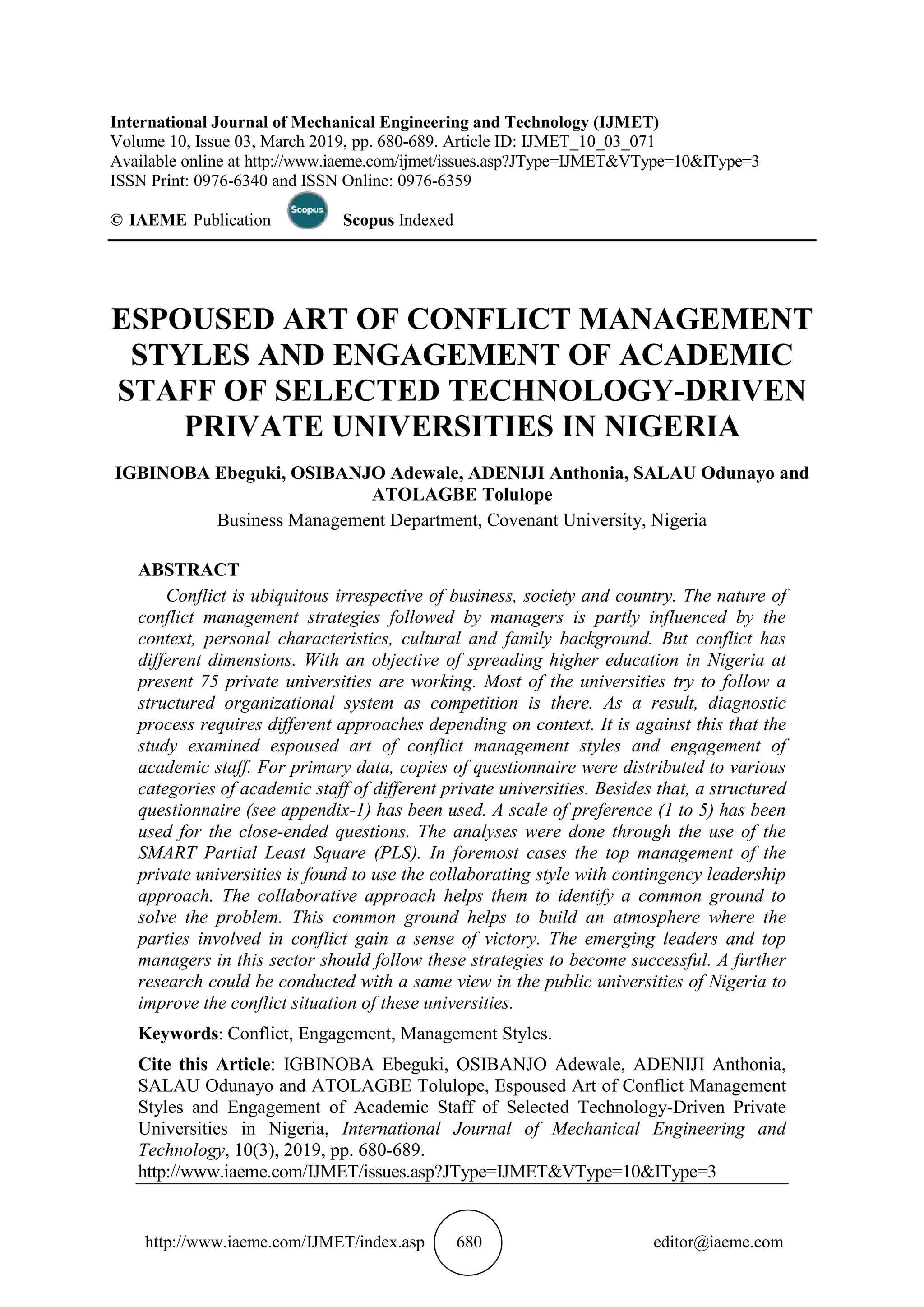 ESPOUSED ART OF CONFLICT MANAGEMENT STYLES AND ENGAGEMENT OF ACADEMIC ...