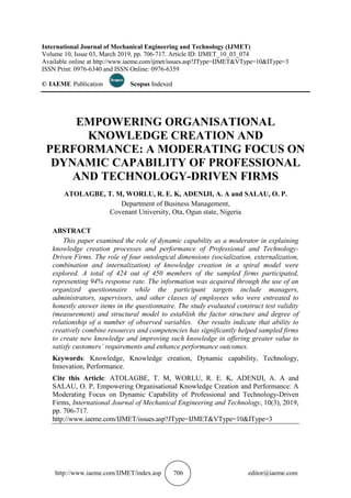 EMPOWERING ORGANISATIONAL KNOWLEDGE CREATION AND PERFORMANCE: A MODERATING FOCUS ON DYNAMIC ...