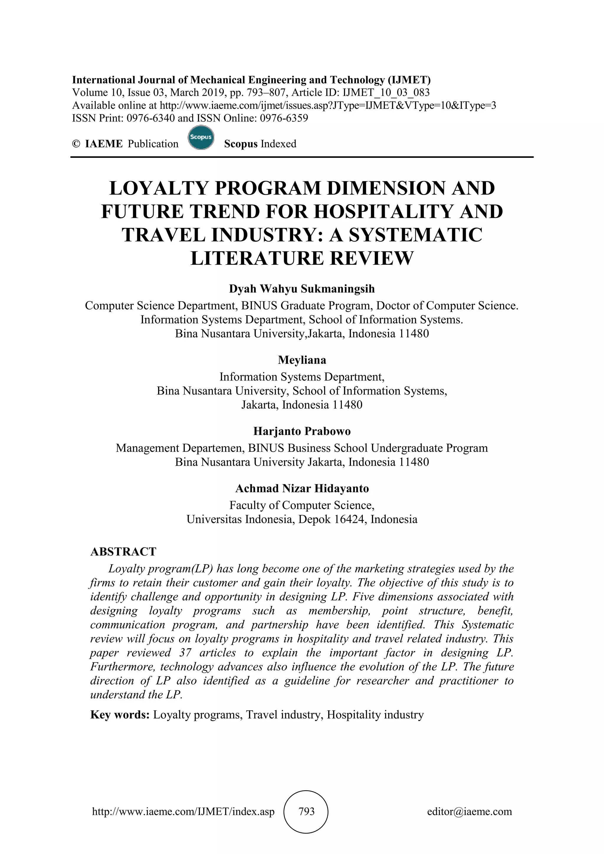 LOYALTY PROGRAM DIMENSION AND FUTURE TREND FOR HOSPITALITY AND TRAVEL ...
