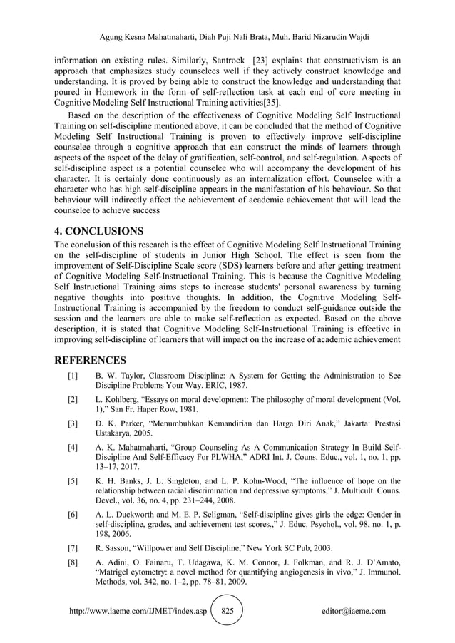 COGNITIVE MODELING EFFECT: ENHANCING STUDENT SELF DISCIPLINE THROUGH SELF INSTRUCTIONAL TRAINING ...