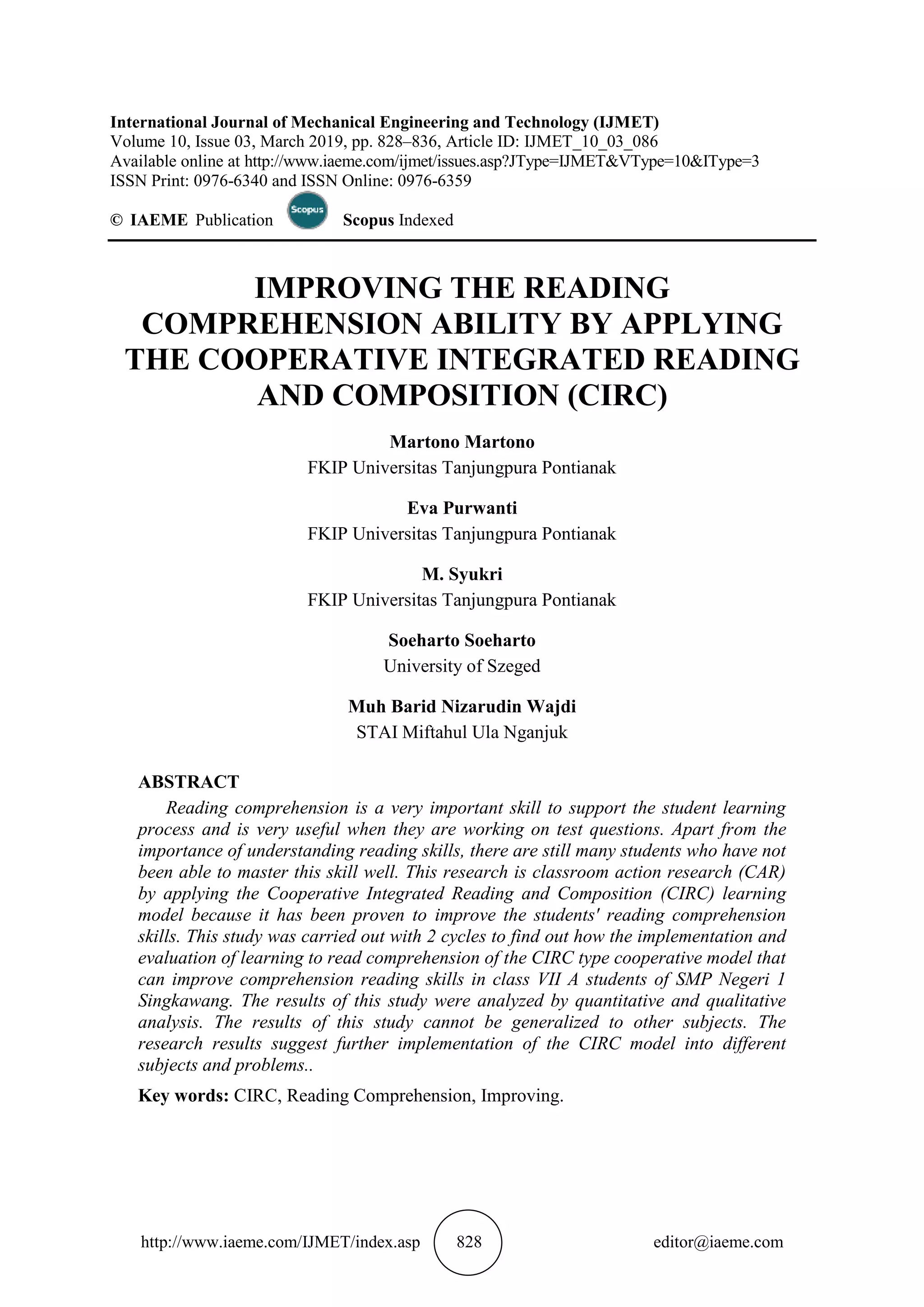 IMPROVING THE READING COMPREHENSION ABILITY BY APPLYING THE COOPERATIVE INTEGRATED READING AND ...