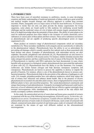 ANTIMICROBIAL ACTIVITY AND PHYTOCHEMICAL SCREENING OF NEEM LEAVES AND LEMON GRASS ESSENTIAL OIL ...