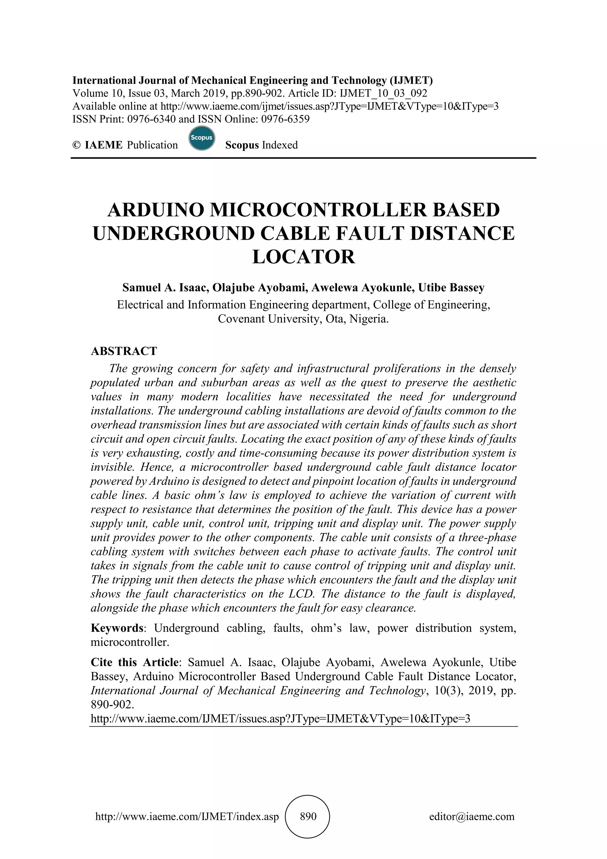 ARDUINO MICROCONTROLLER BASED UNDERGROUND CABLE FAULT DISTANCE LOCATOR | PDF | Consumer ...