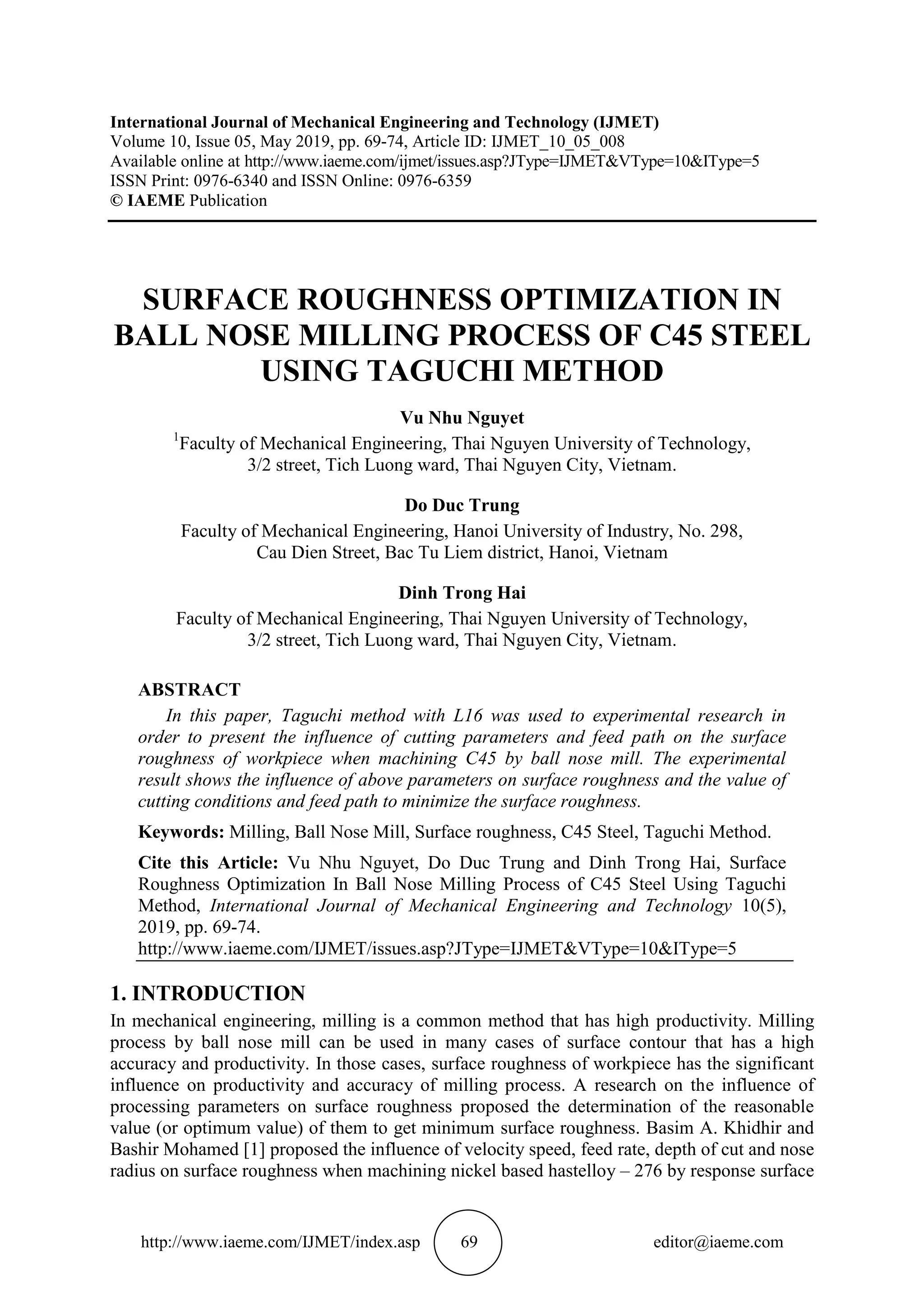 SURFACE ROUGHNESS OPTIMIZATION IN BALL NOSE MILLING PROCESS OF C45 STEEL USING TAGUCHI METHOD | PDF