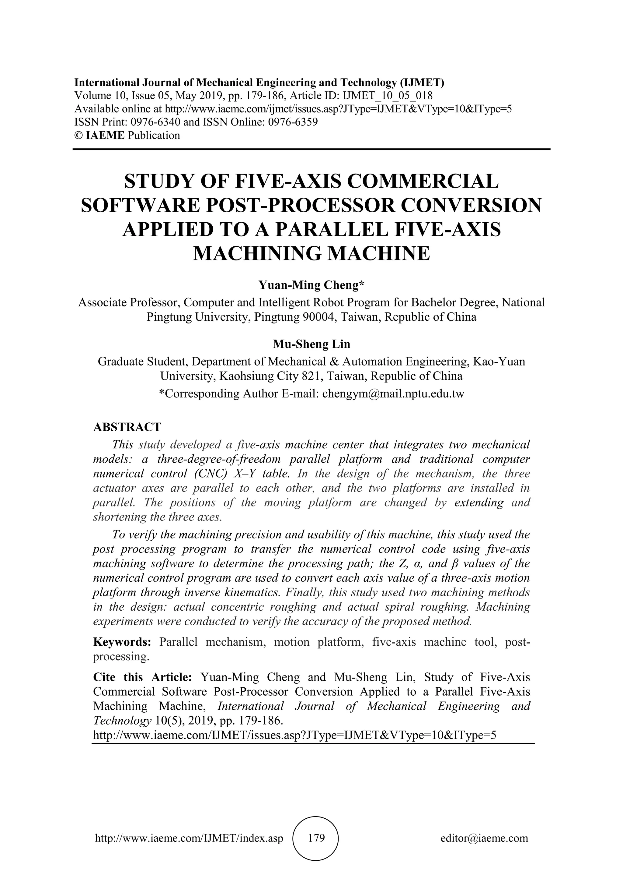 STUDY OF FIVE-AXIS COMMERCIAL SOFTWARE POST-PROCESSOR CONVERSION APPLIED TO A PARALLEL FIVE-AXIS ...