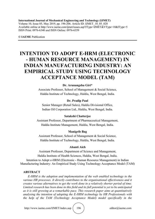INTENTION TO ADOPT E-HRM (ELECTRONIC - HUMAN RESOURCE MANAGEMENT) IN INDIAN MANUFACTURING ...