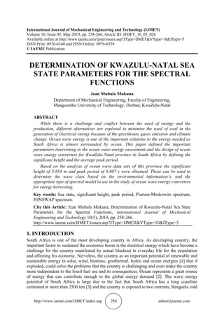 DETERMINATION OF KWAZULU-NATAL SEA STATE PARAMETERS FOR THE SPECTRAL FUNCTIONS | PDF