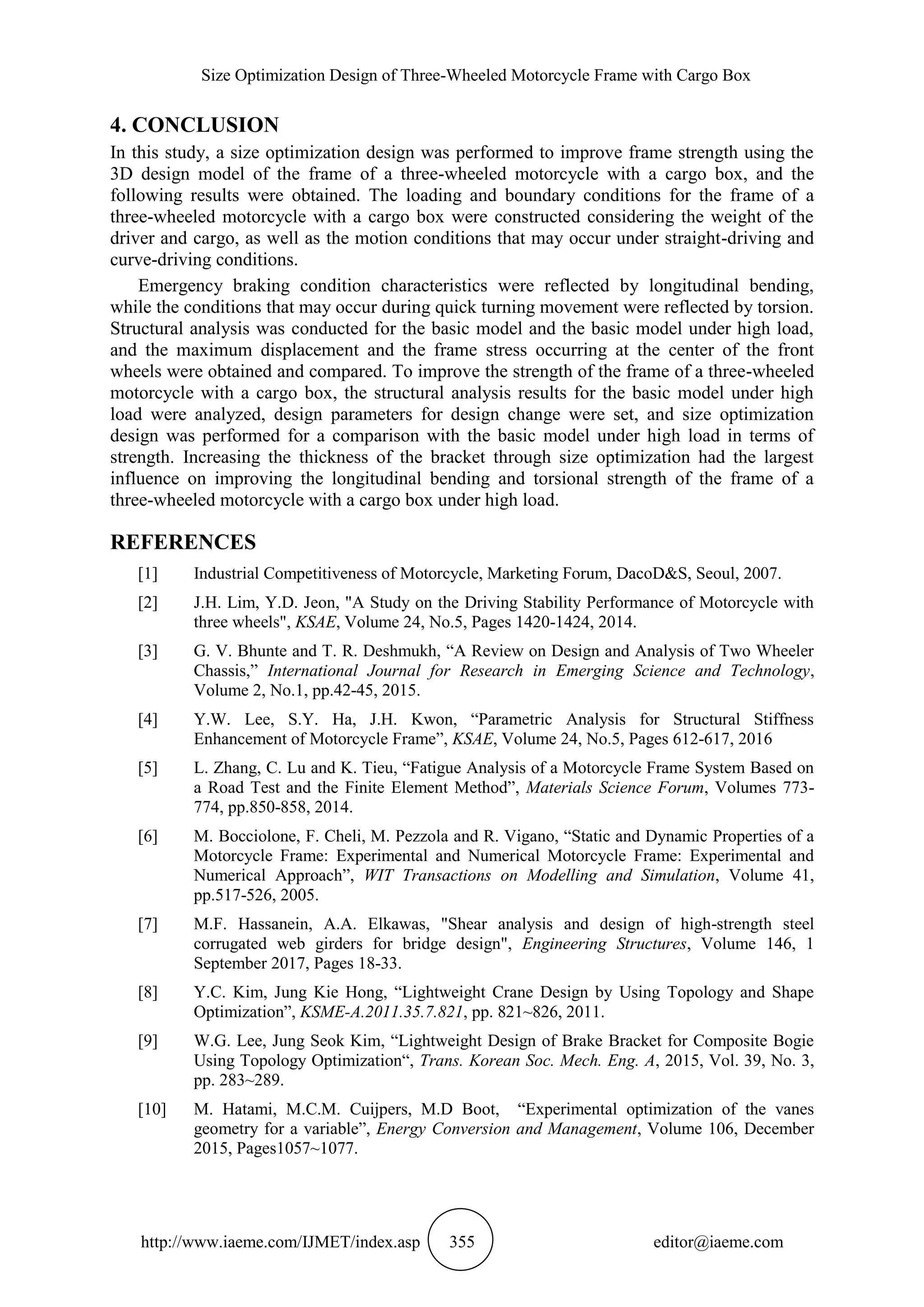 SIZE OPTIMIZATION DESIGN OF THREEWHEELED MOTORCYCLE FRAME WITH CARGO ...
