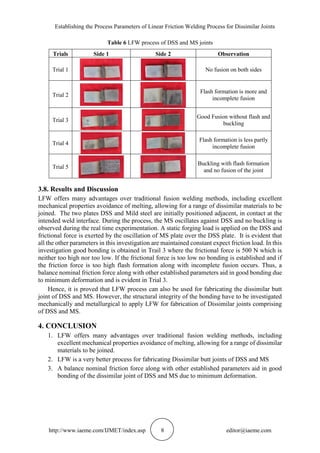 ESTABLISHING THE PROCESS PARAMETERS OF LINEAR FRICTION WELDING PROCESS ...