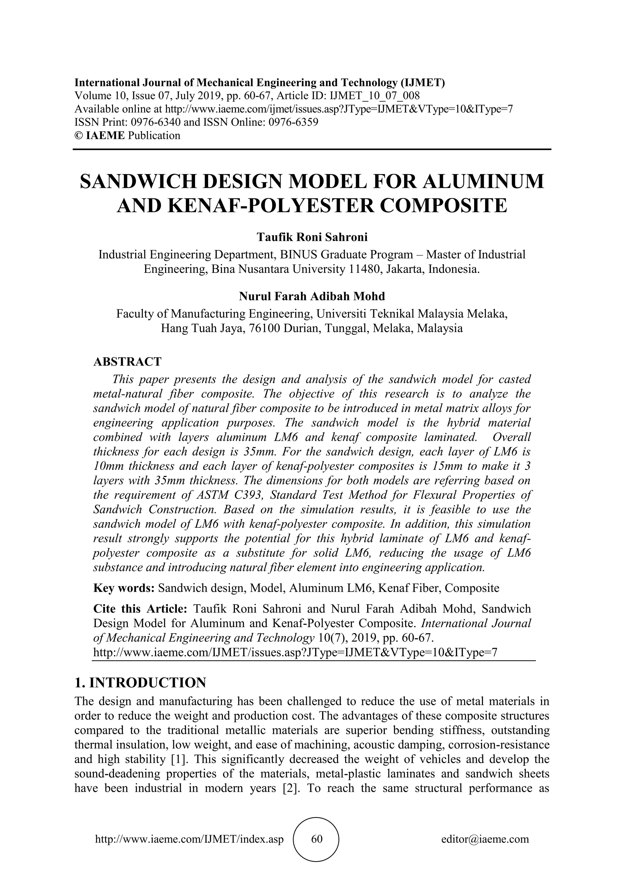 SANDWICH DESIGN MODEL FOR ALUMINUM AND KENAF-POLYESTER COMPOSITE | PDF