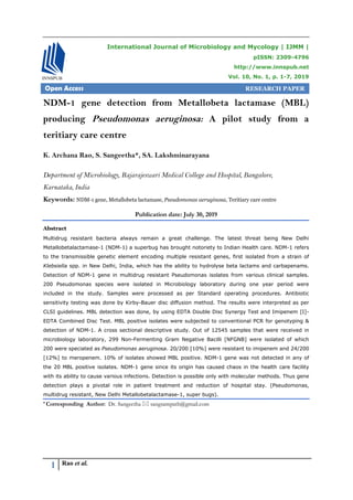 NDM-1 gene detection from Metallobeta lactamase (MBL) producing ...