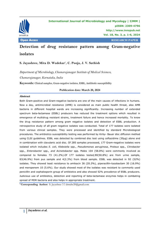 Detection of drug resistance pattern among Gram-negative isolates | PDF