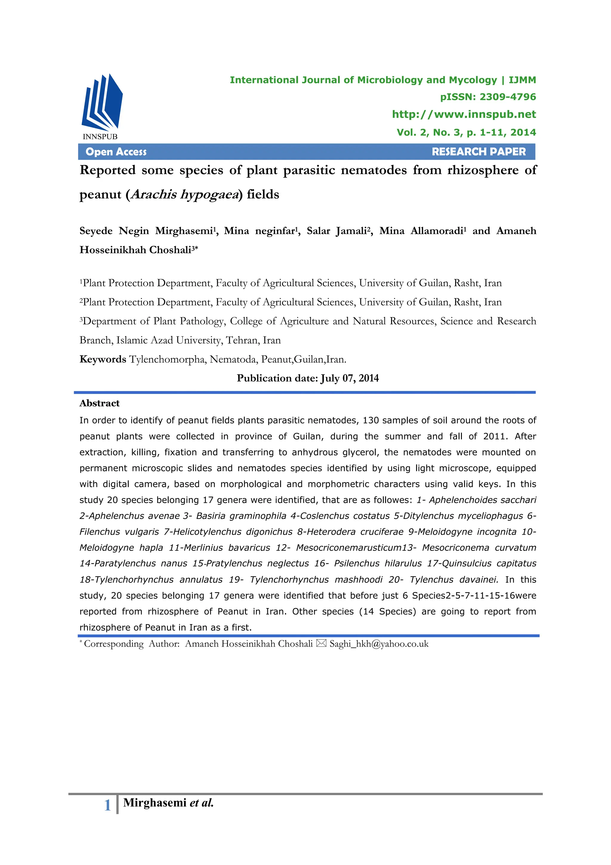 Reported some species of plant parasitic nematodes from rhizosphere of ...