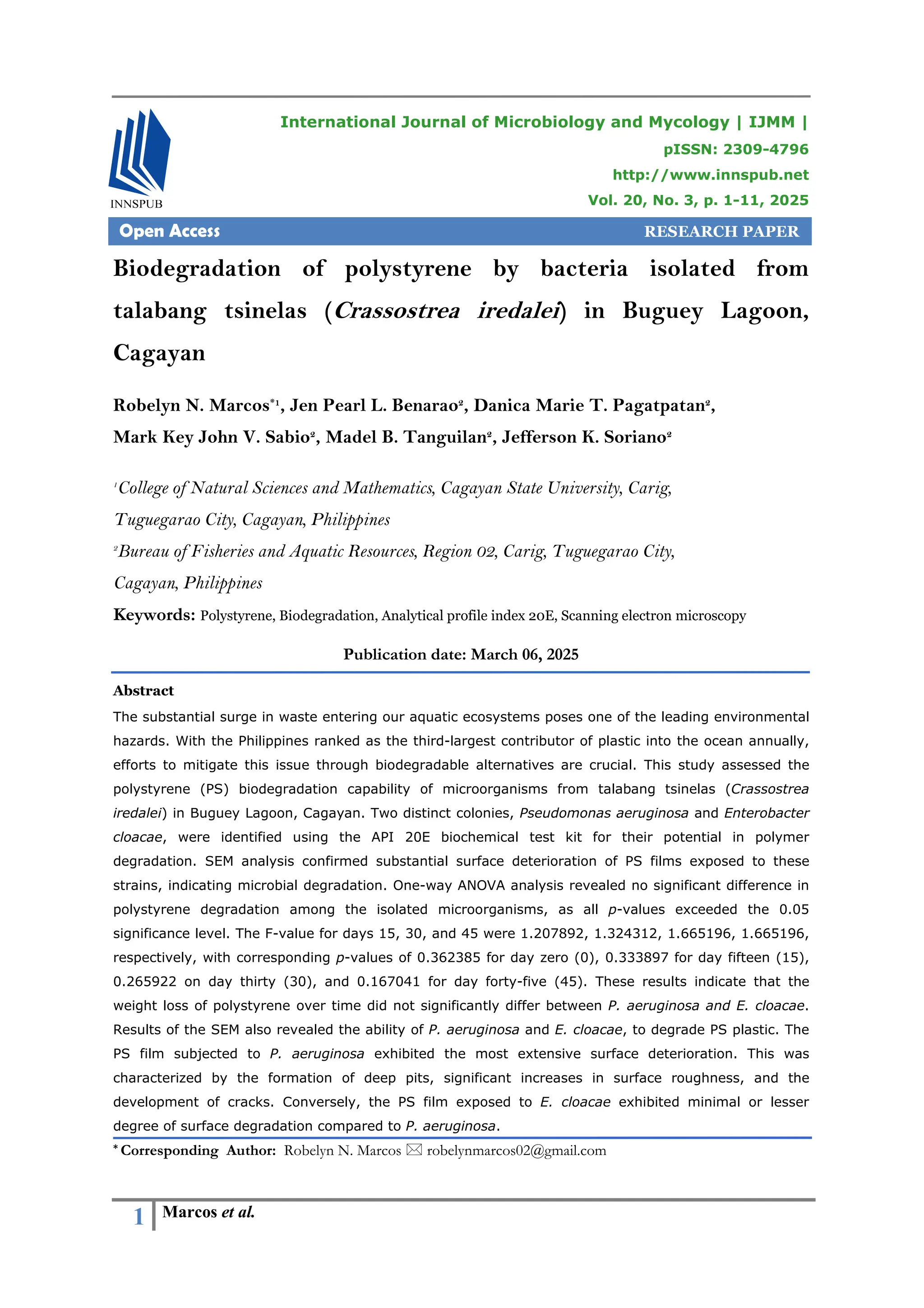 Biodegradation of polystyrene by bacteria isolated from talabang ...
