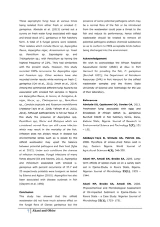 Mycological flora of Clarias gariepinus exposed to an oilfield wastewater in Nigeria | PDF