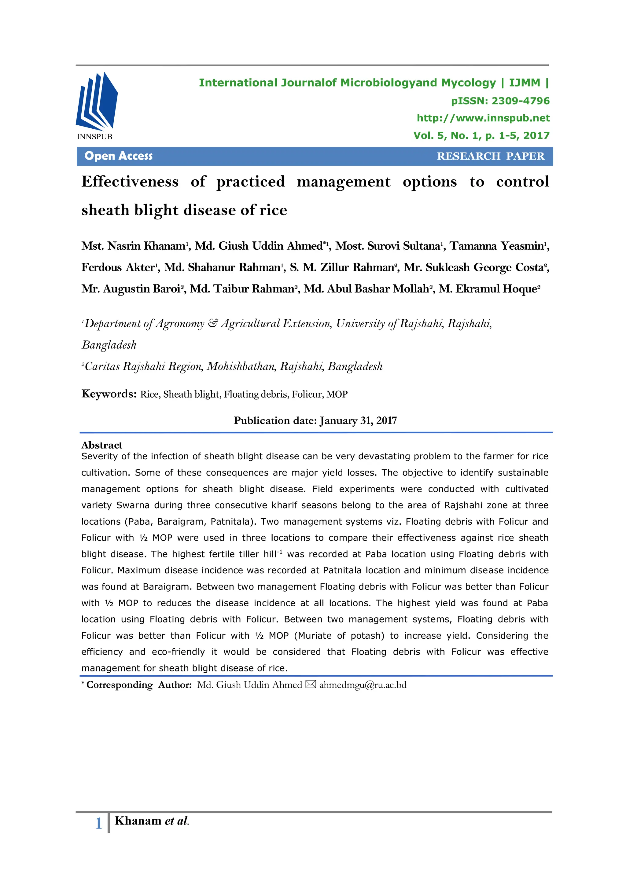 Effectiveness of practiced management options to control sheath blight ...