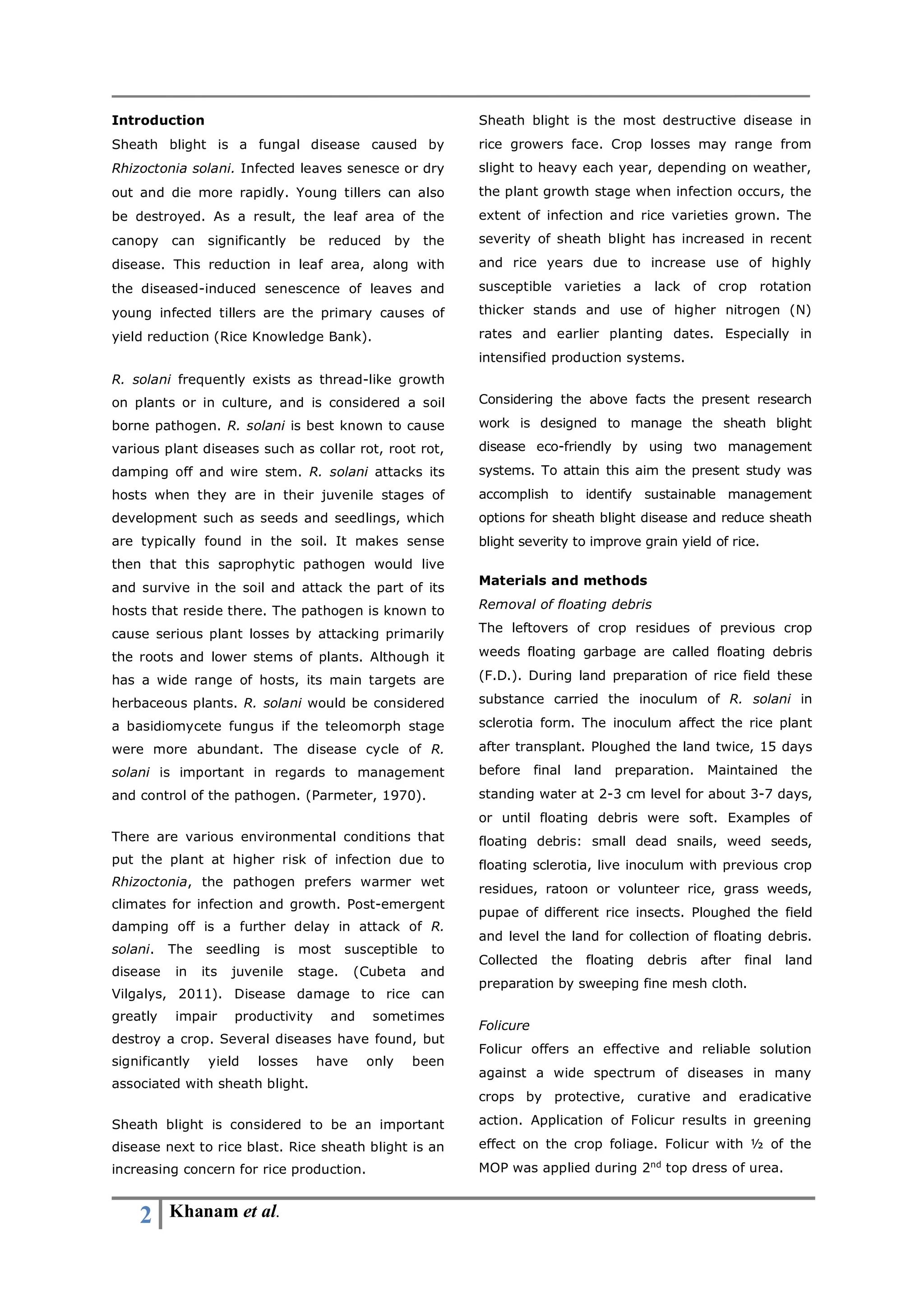 Effectiveness of practiced management options to control sheath blight ...