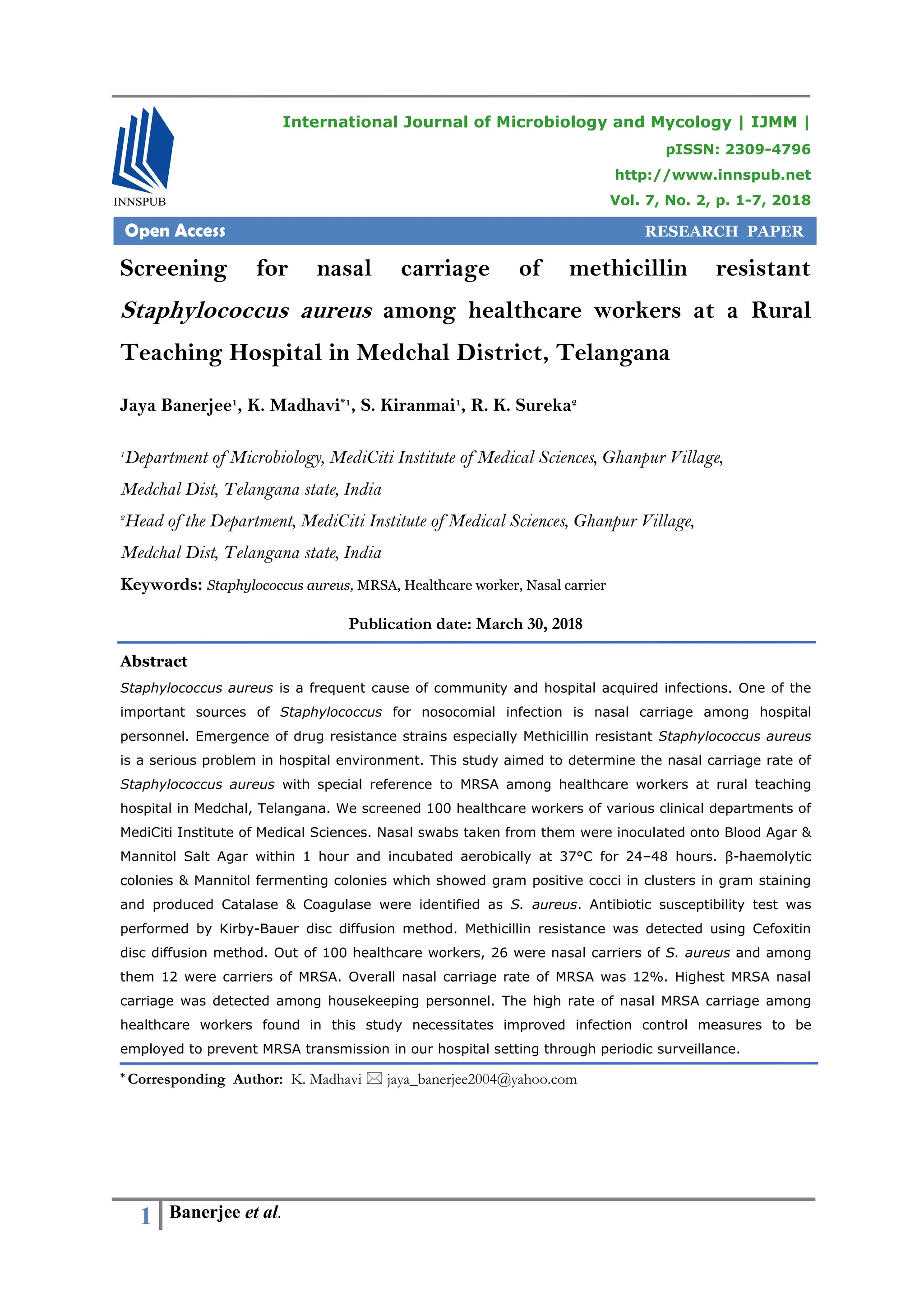 Screening for nasal carriage of methicillin resistant Staphylococcus ...