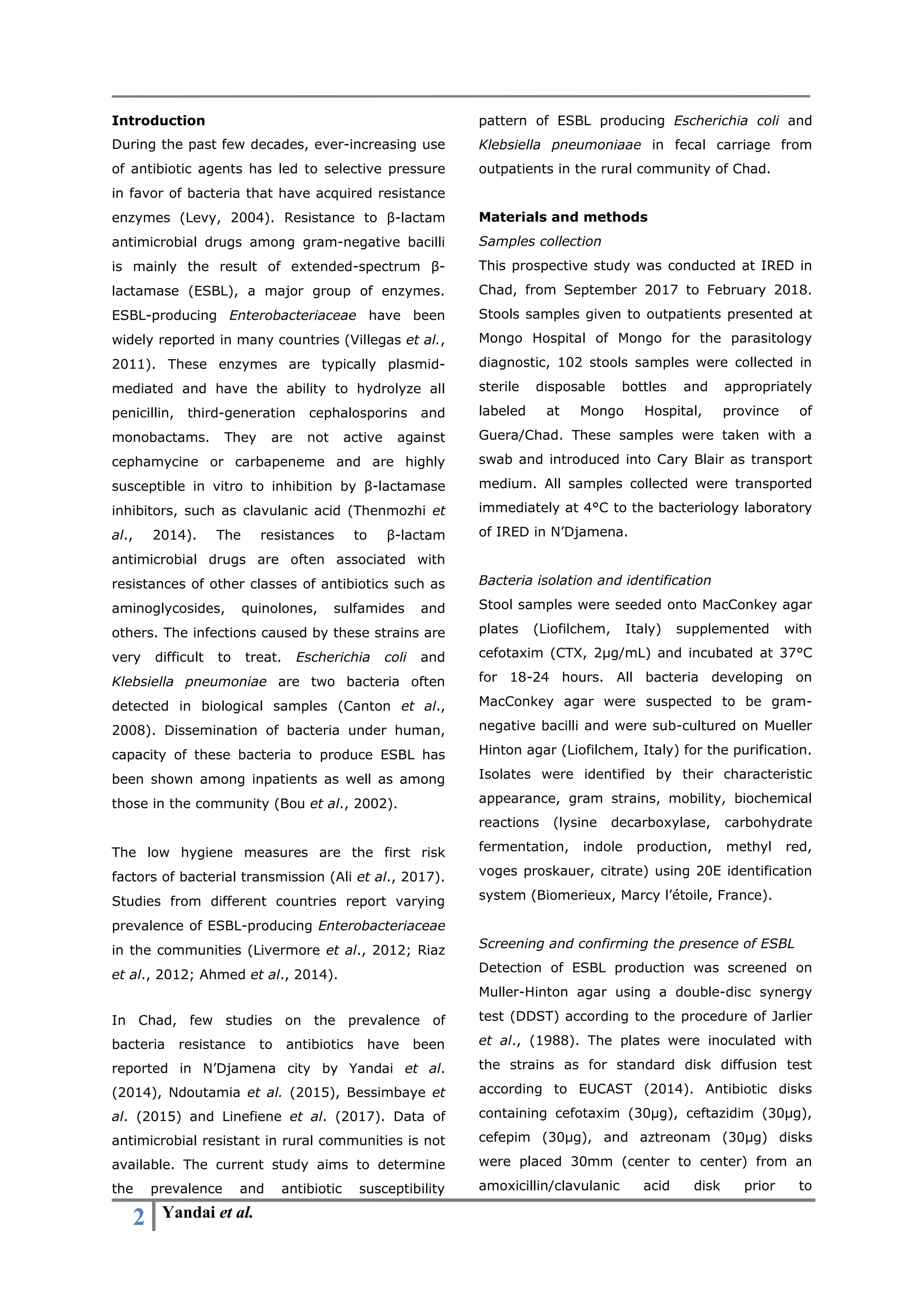 Fecal carriage of extended-spectrum beta-lactamase-producing ...