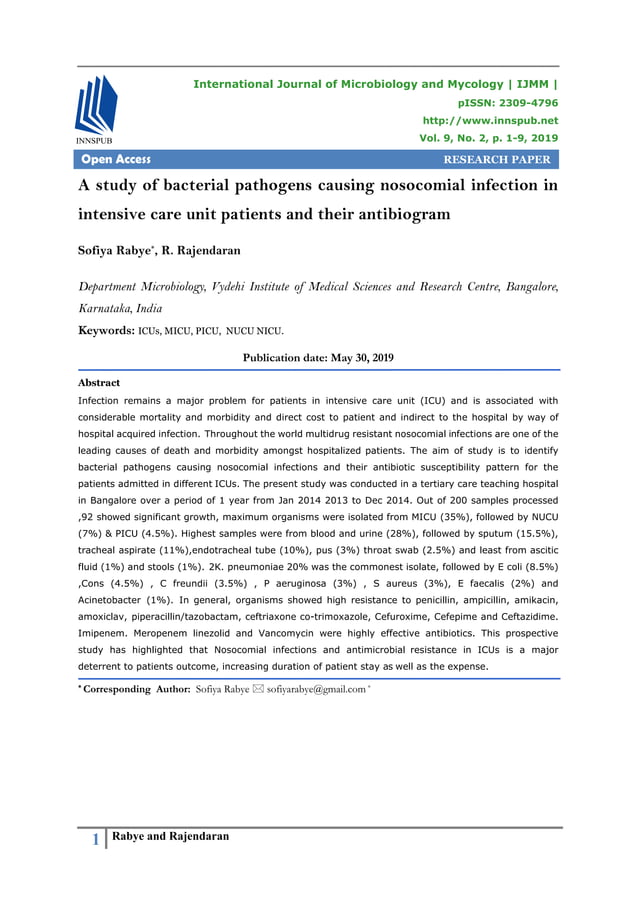 A study of bacterial pathogens causing nosocomial infection in ...