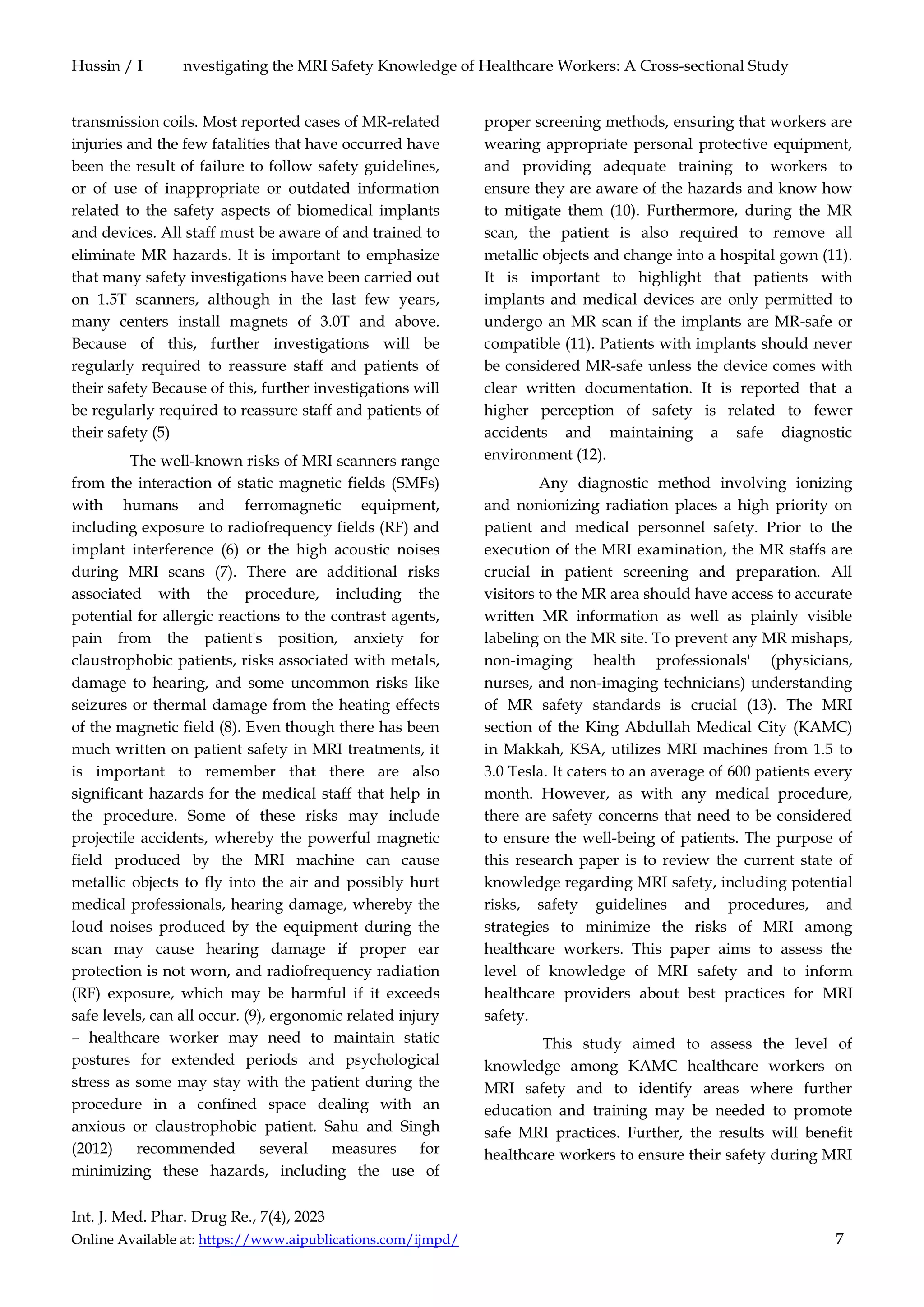 Investigating the MRI Safety Knowledge of Healthcare Workers: A Cross ...