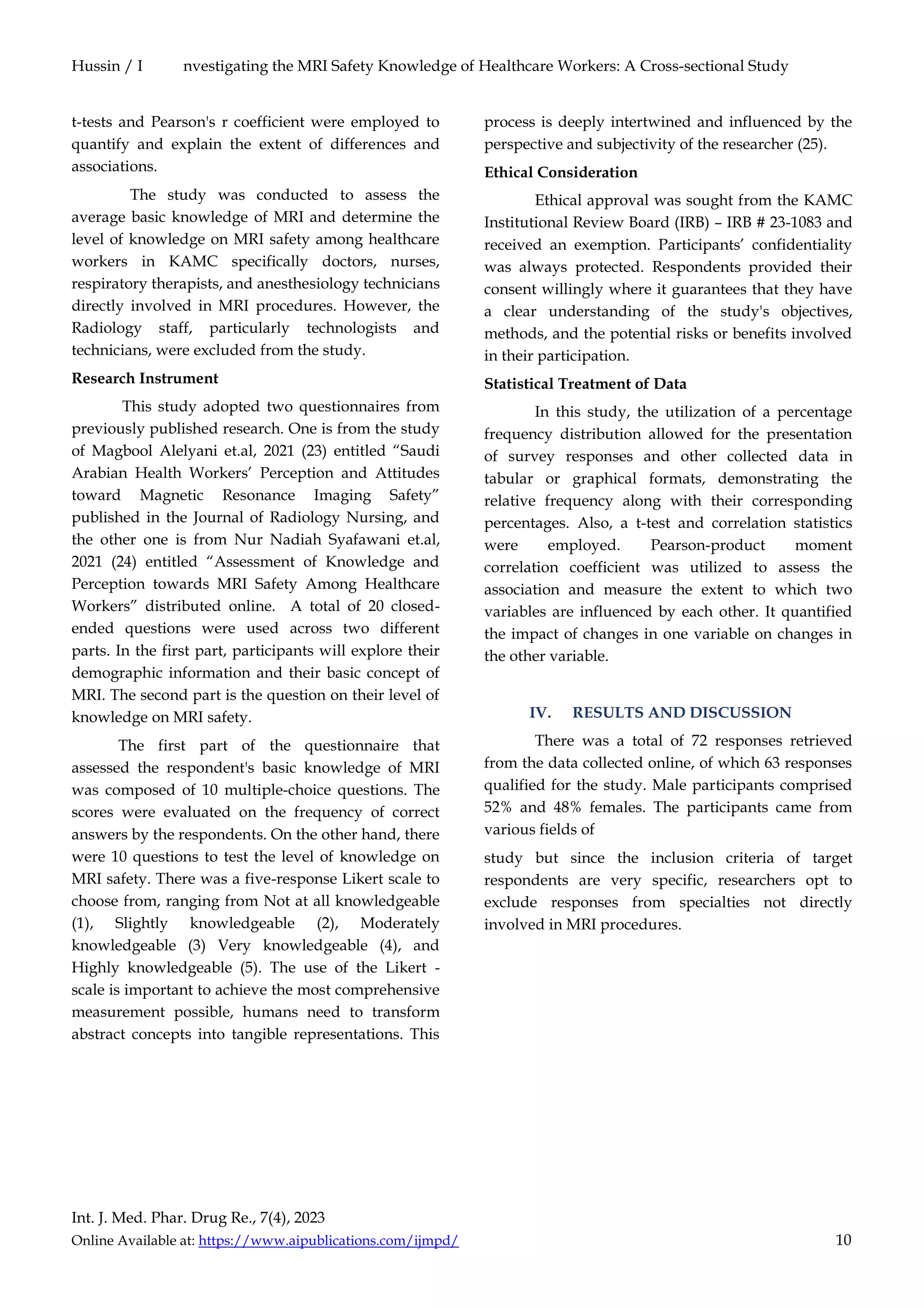 Investigating the MRI Safety Knowledge of Healthcare Workers: A Cross-sectional Study | PDF