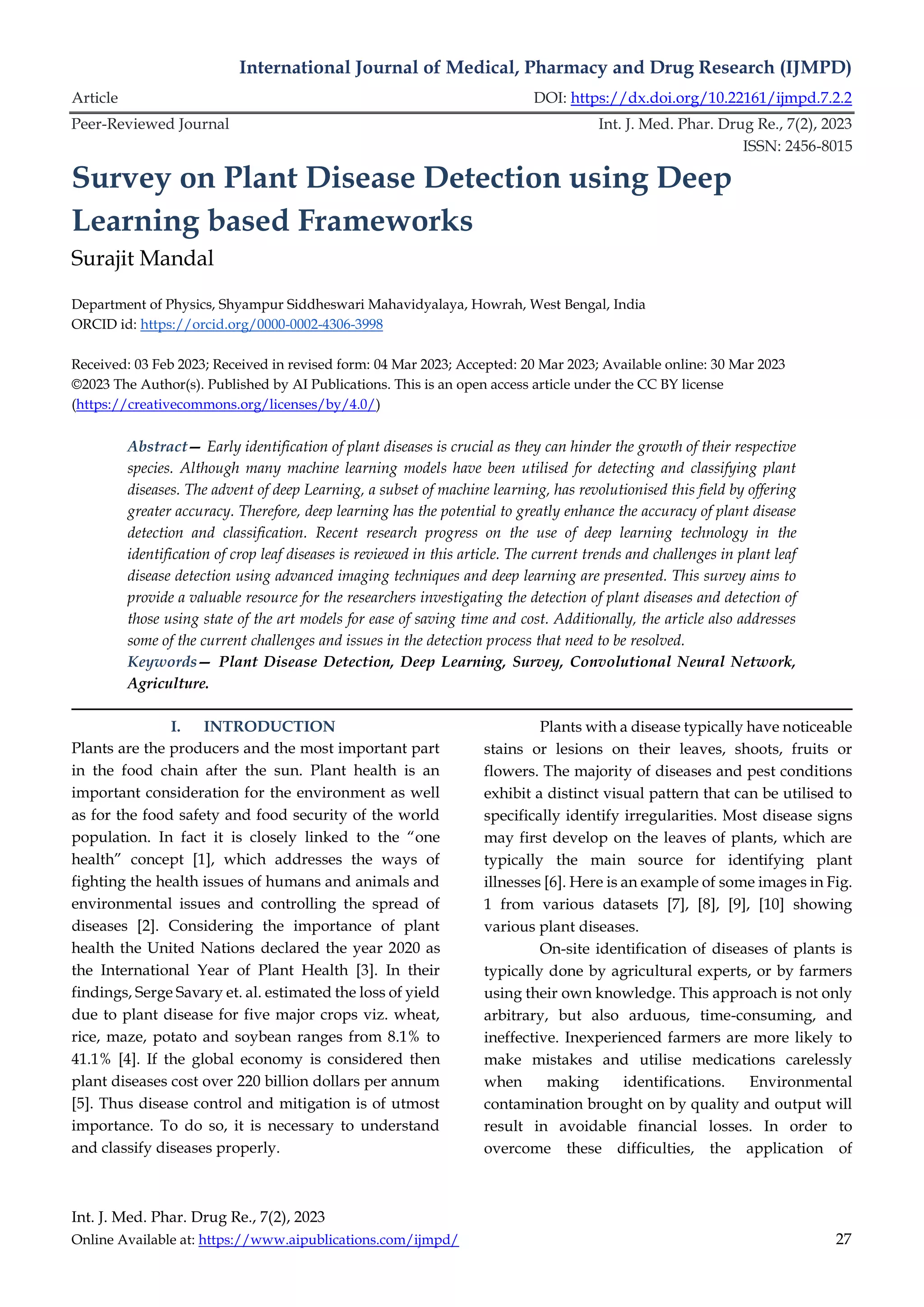 Survey on Plant Disease Detection using Deep Learning based Frameworks | PDF | Agriculture ...