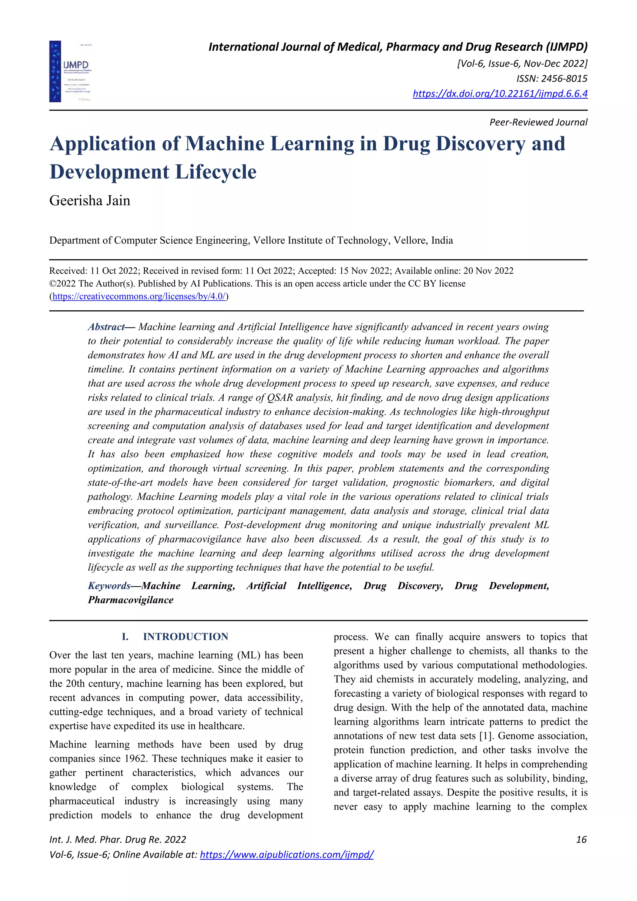 Application of Machine Learning in Drug Discovery and Development ...