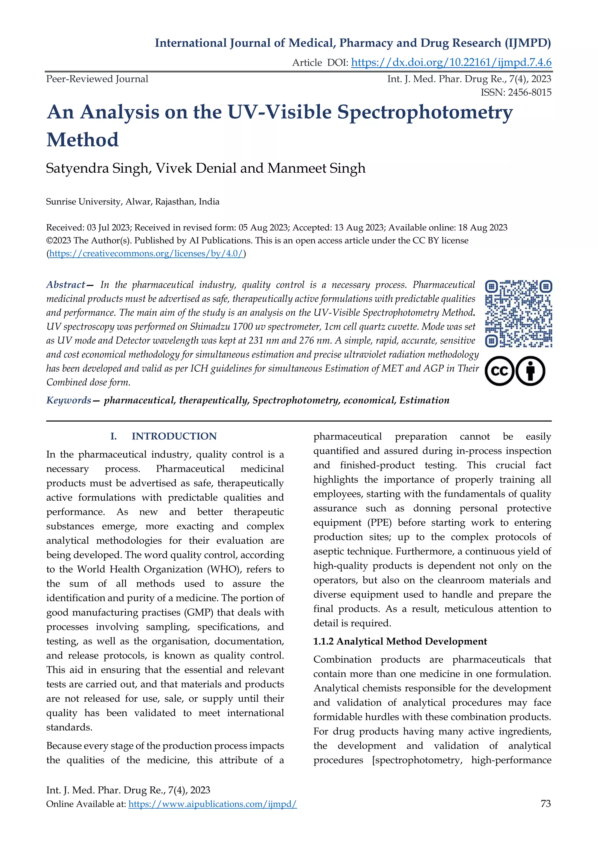 An Analysis on the UV-Visible Spectrophotometry Method | PDF