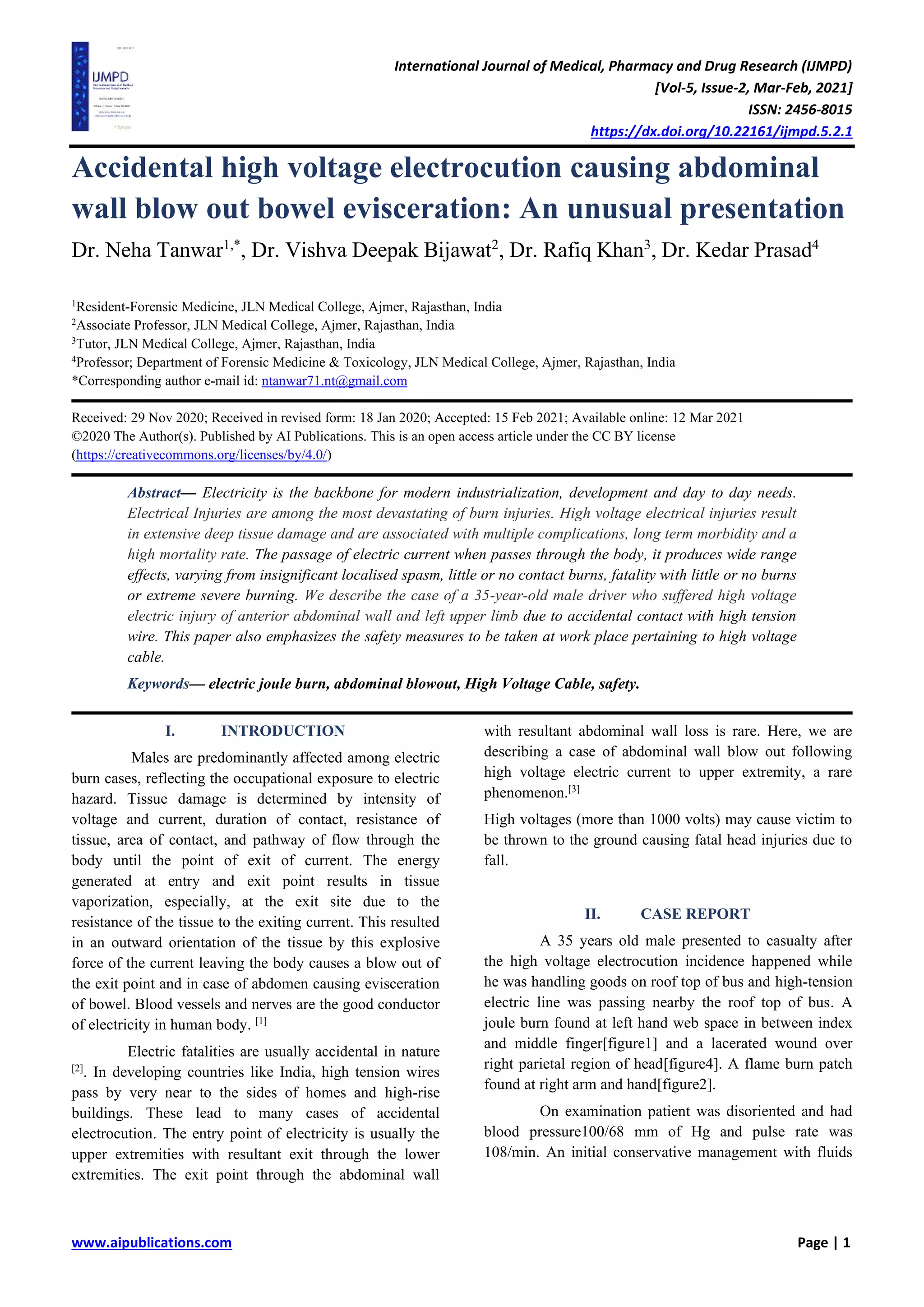 Accidental high voltage electrocution causing abdominal wall blow out ...