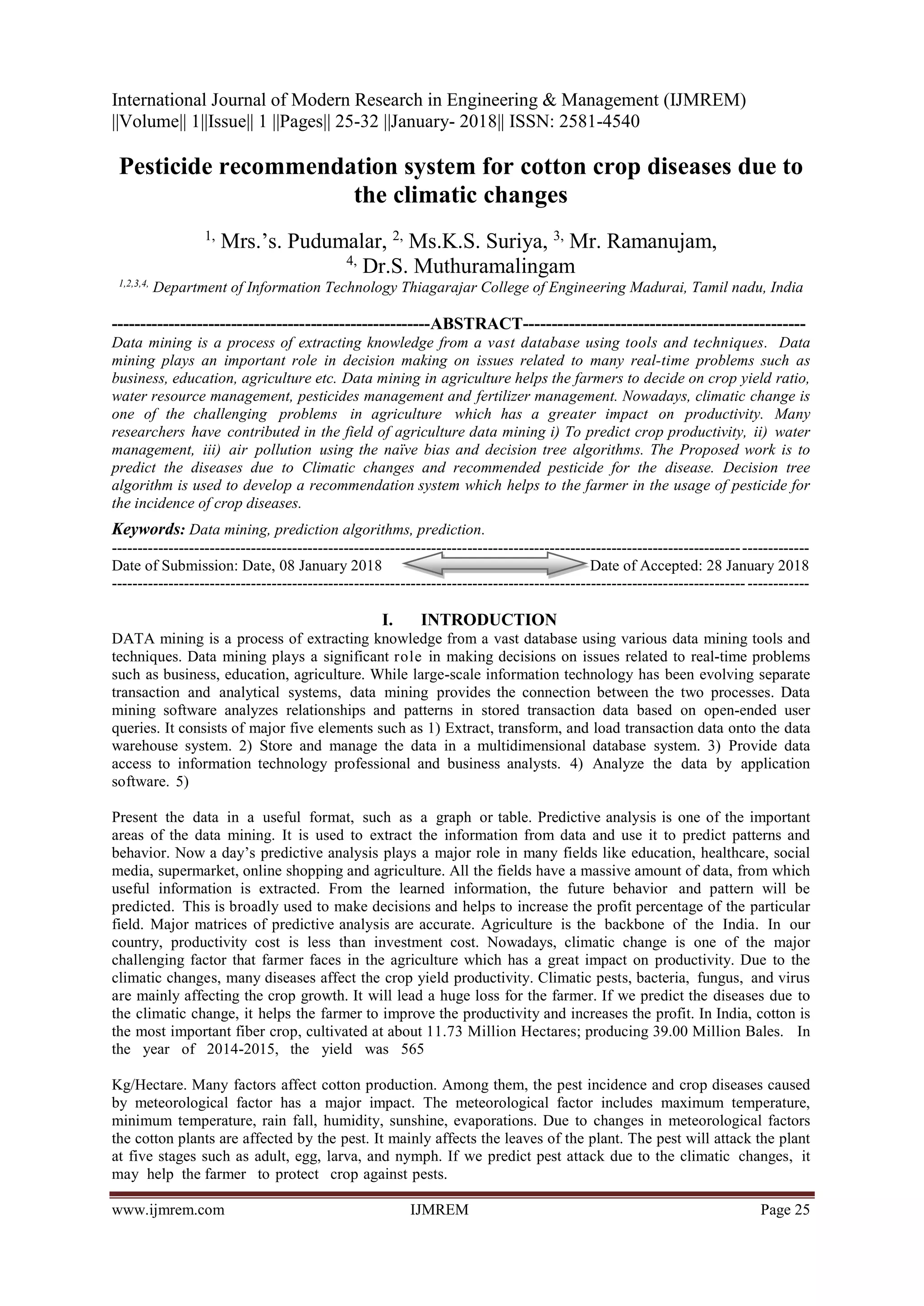 Pesticide recommendation system for cotton crop diseases due to the climatic changes | PDF