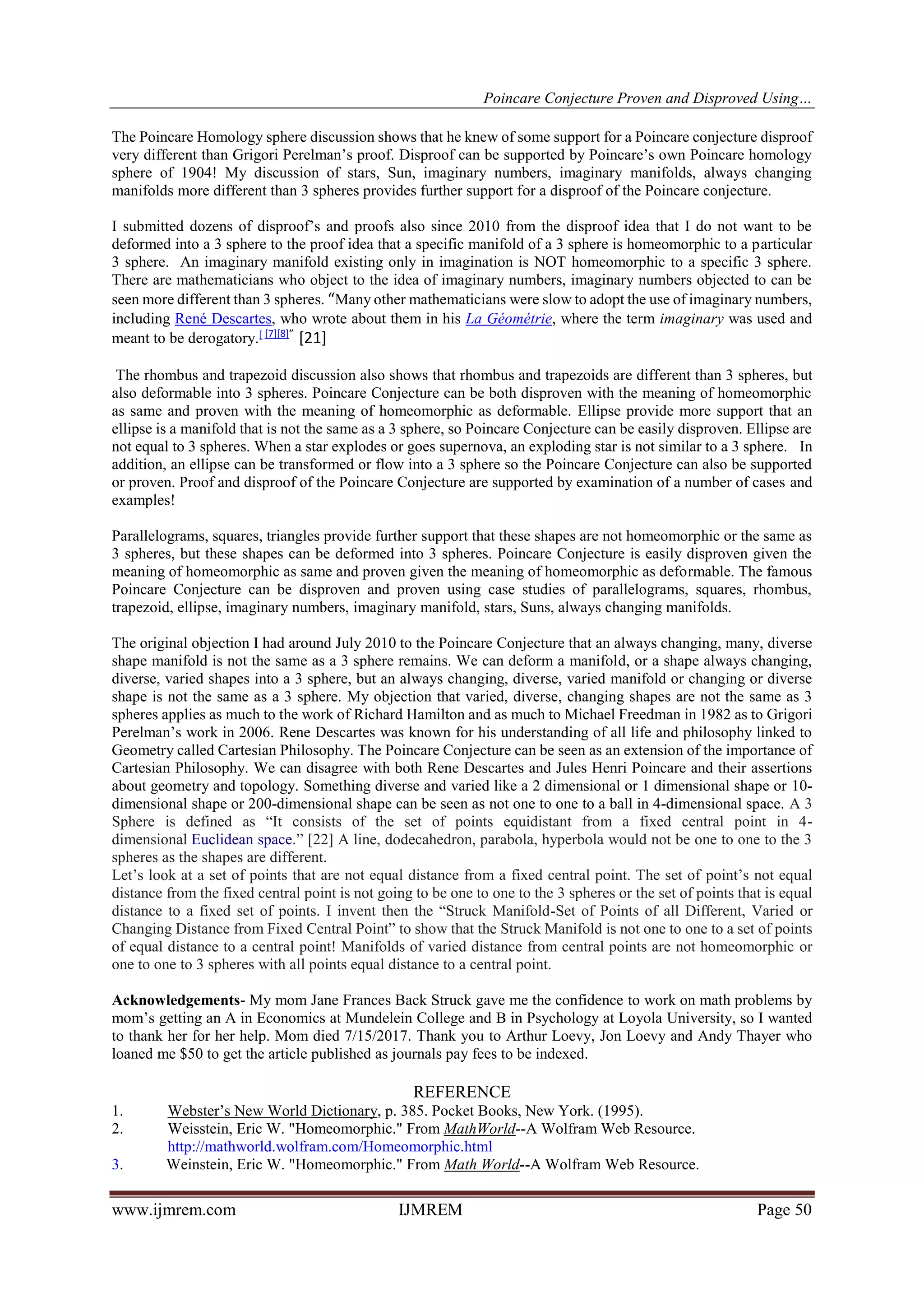Poincare Conjecture Proven and Disproved Using Imaginary | PDF