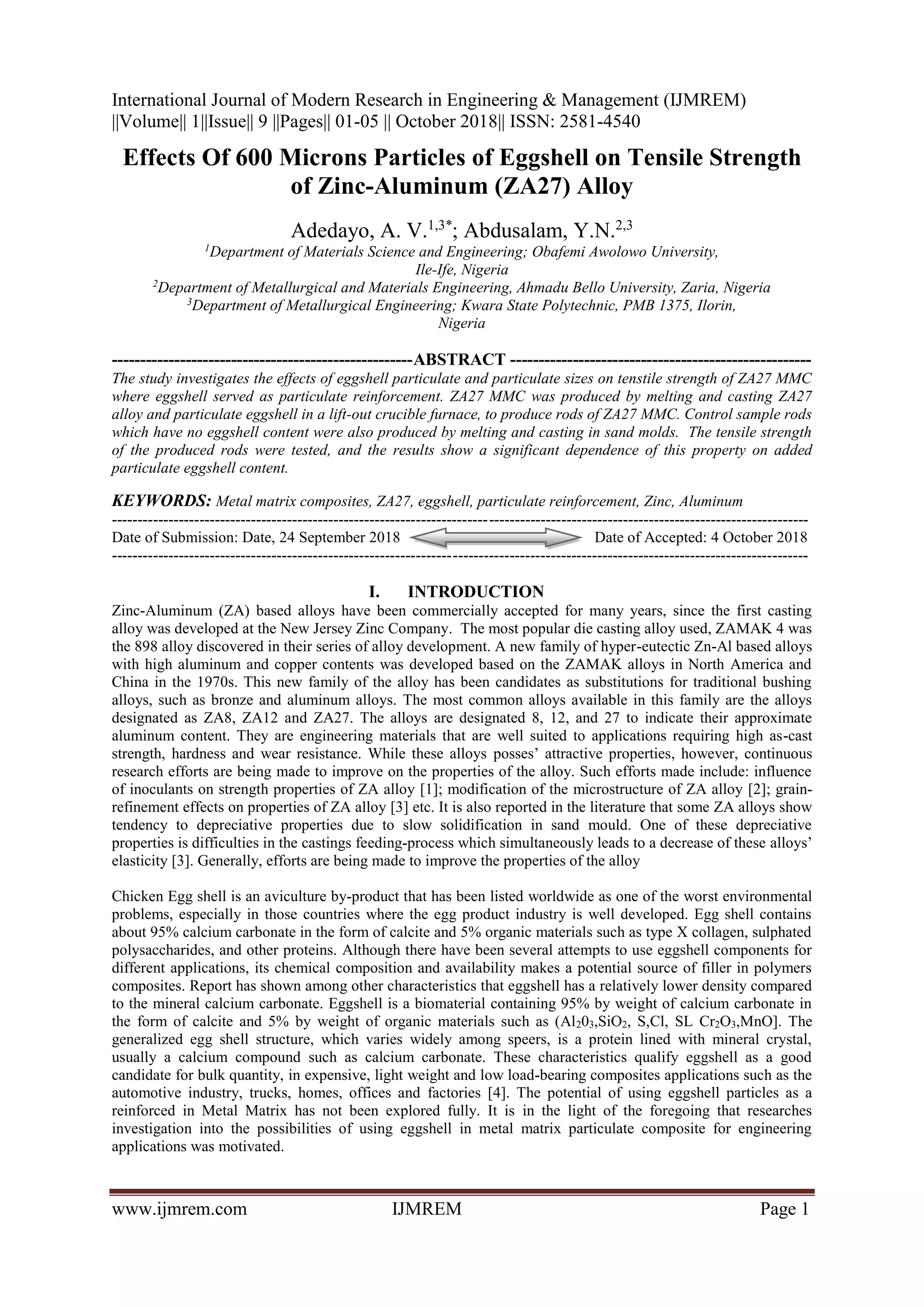 Effects Of 600 Microns Particles of Eggshell on Tensile Strength of ...