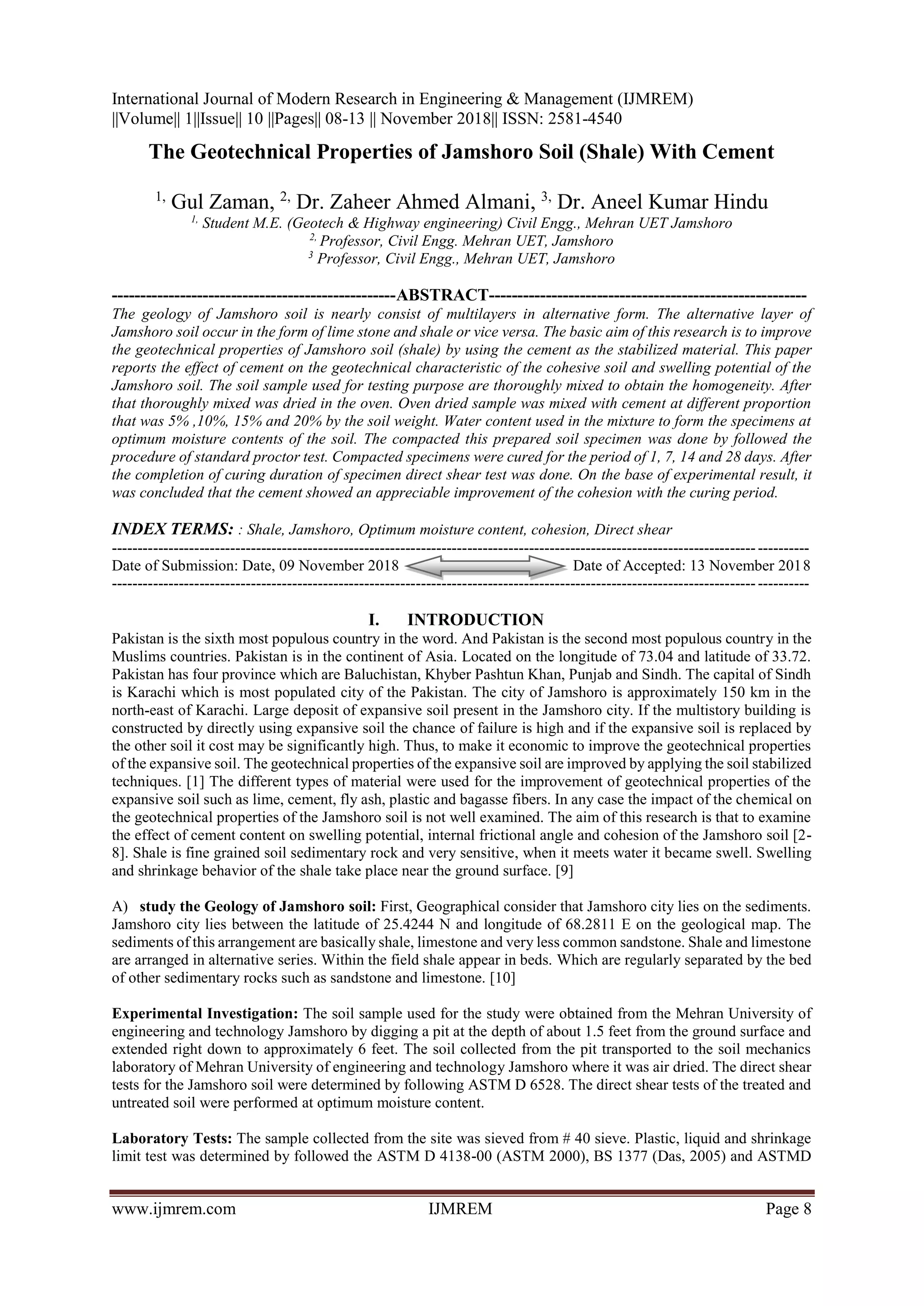 The Geotechnical Properties of Jamshoro Soil (Shale) With Cement | PDF
