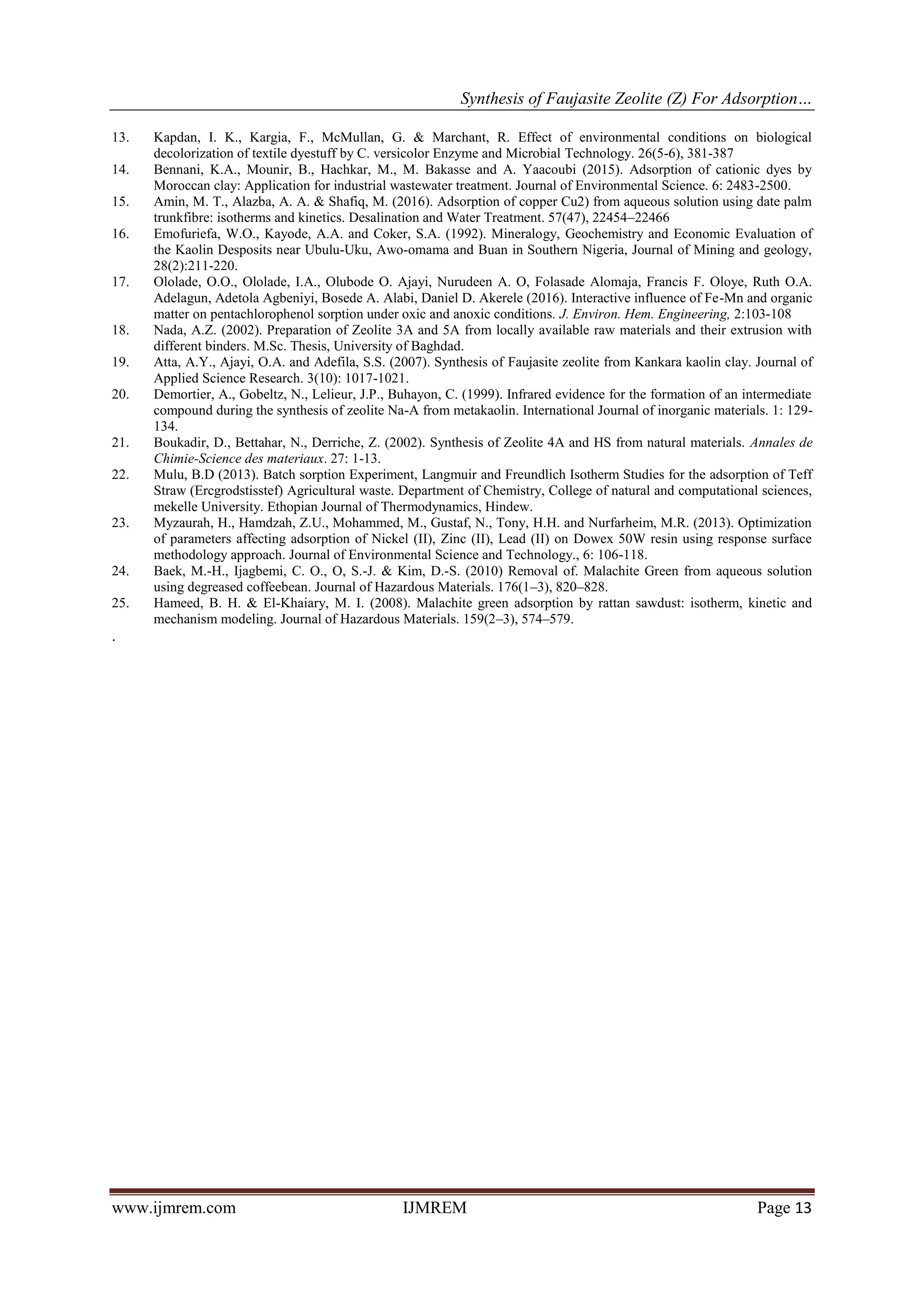 Synthesis of Faujasite Zeolite (Z) For Adsorption of Cationic Dye from ...