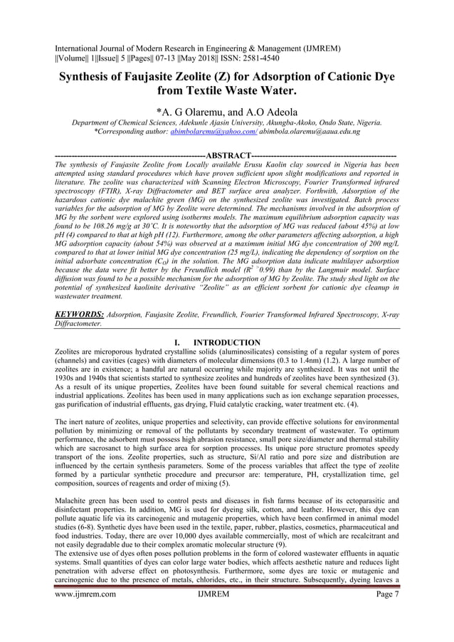 Synthesis of Faujasite Zeolite (Z) For Adsorption of Cationic Dye from Textile Waste Water. | PDF