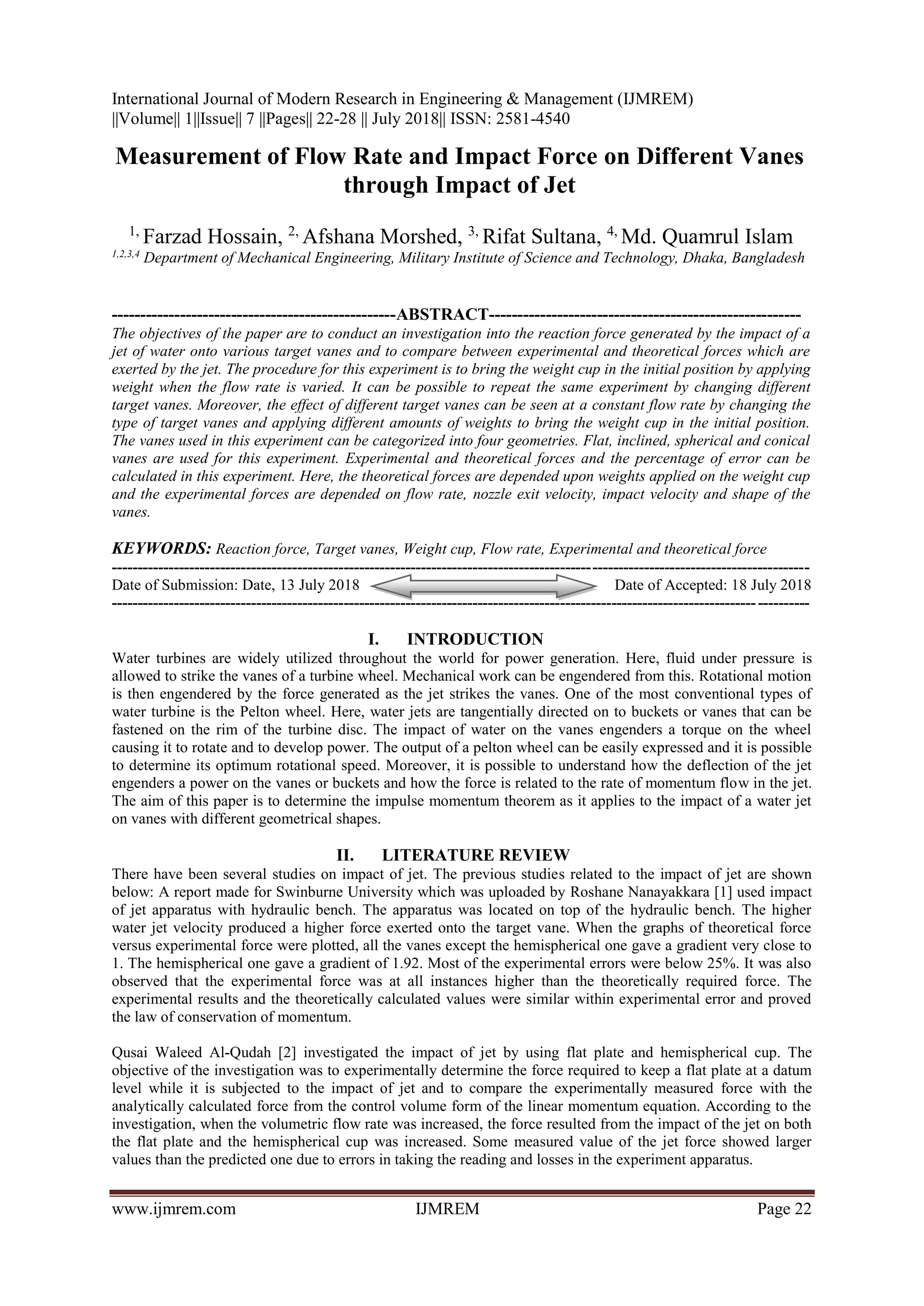 Measurement of Flow Rate and Impact Force on Different Vanes through ...