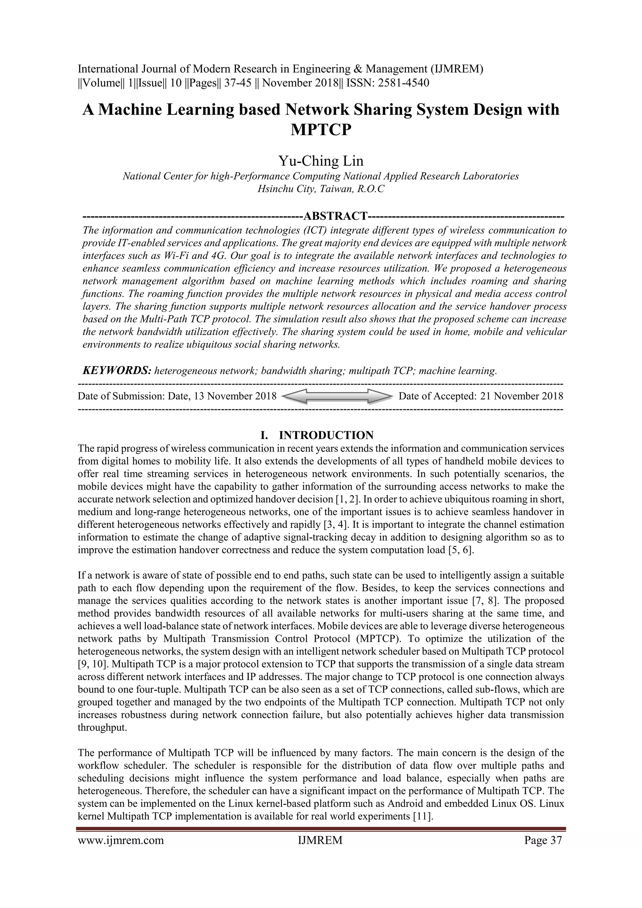 A Machine Learning based Network Sharing System Design with MPTCP | PDF | Computer Networking ...