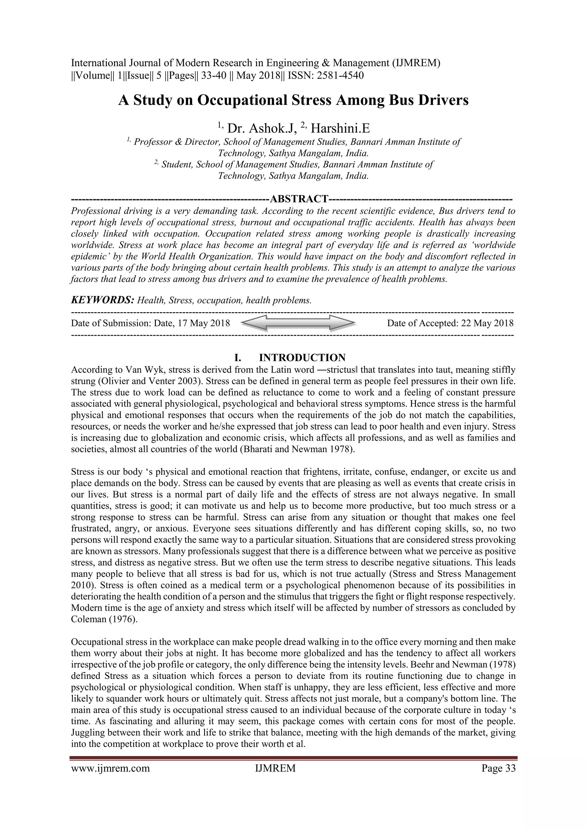 A Study on Occupational Stress Among Bus Drivers | PDF