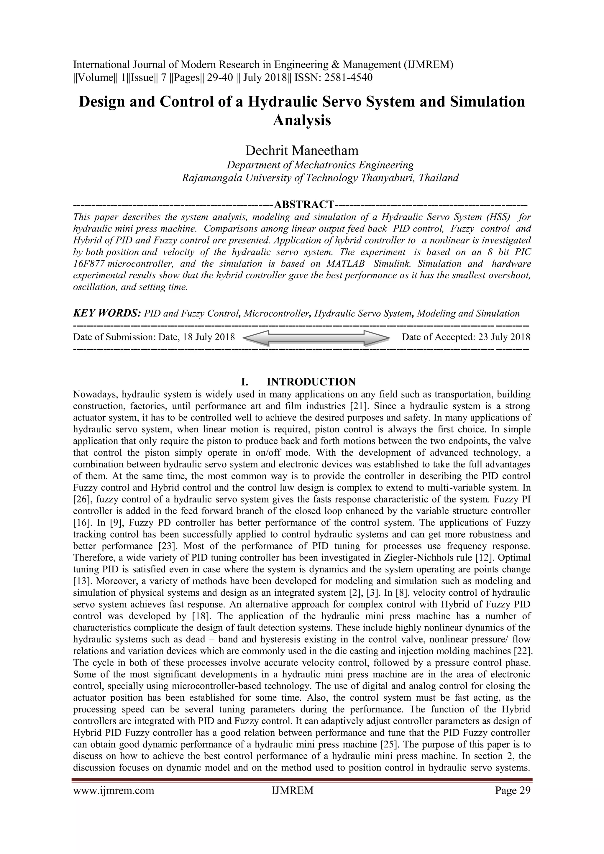 Design and Control of a Hydraulic Servo System and Simulation Analysis | PDF