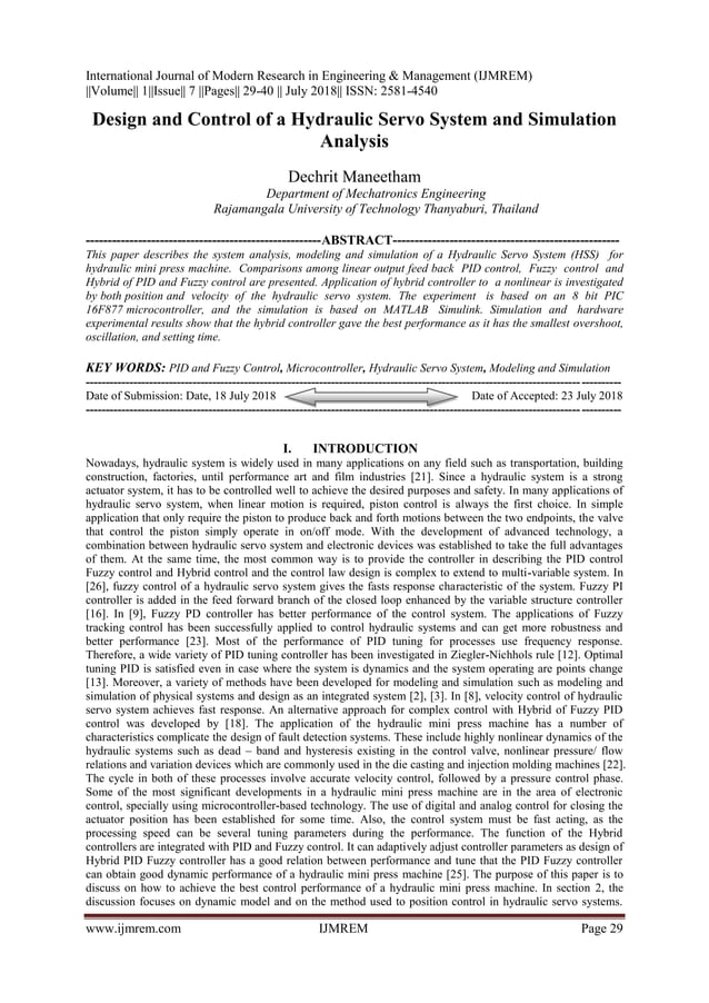 Design and Control of a Hydraulic Servo System and Simulation Analysis | PDF