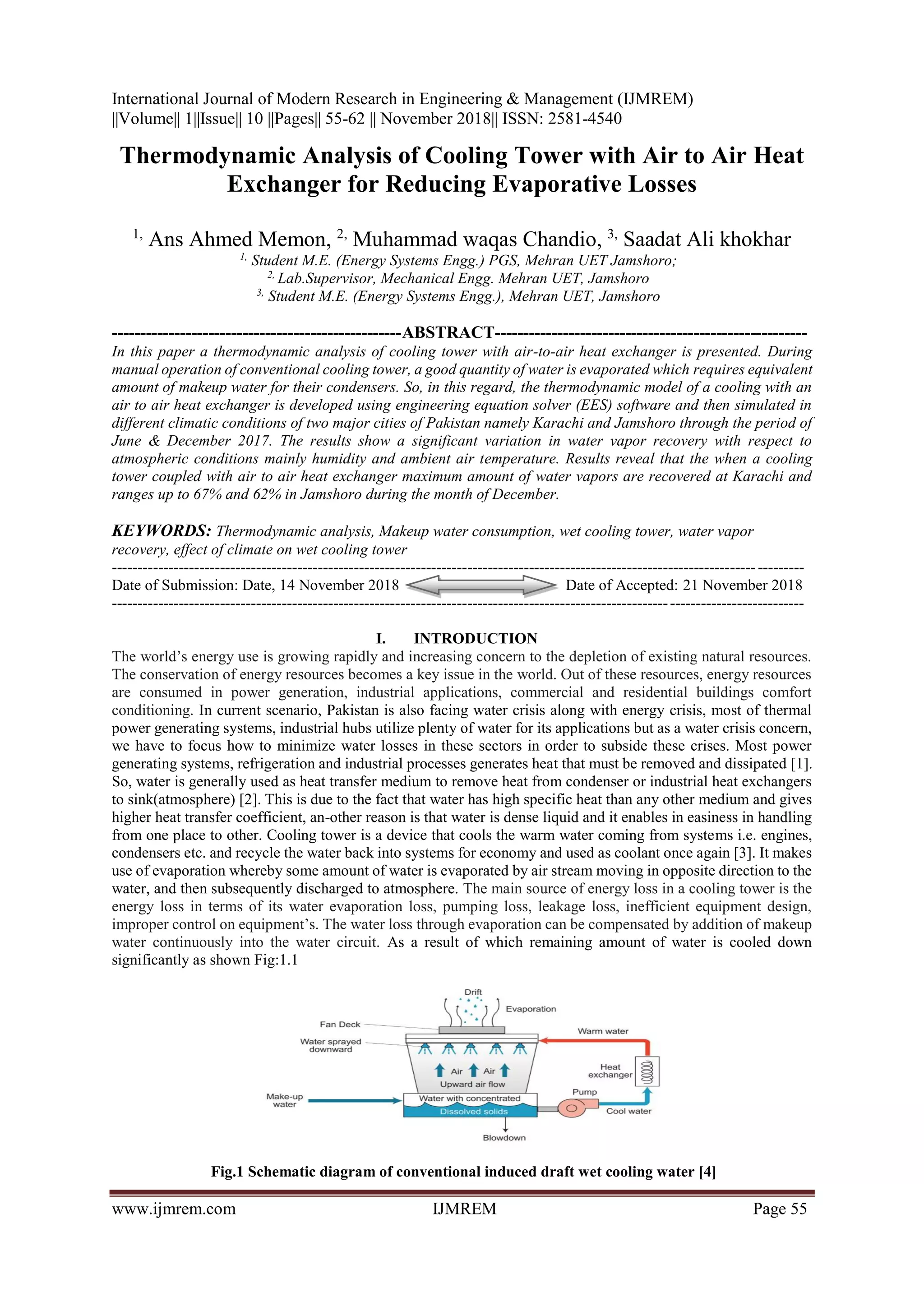 Thermodynamic Analysis of Cooling Tower with Air to Air Heat Exchanger ...