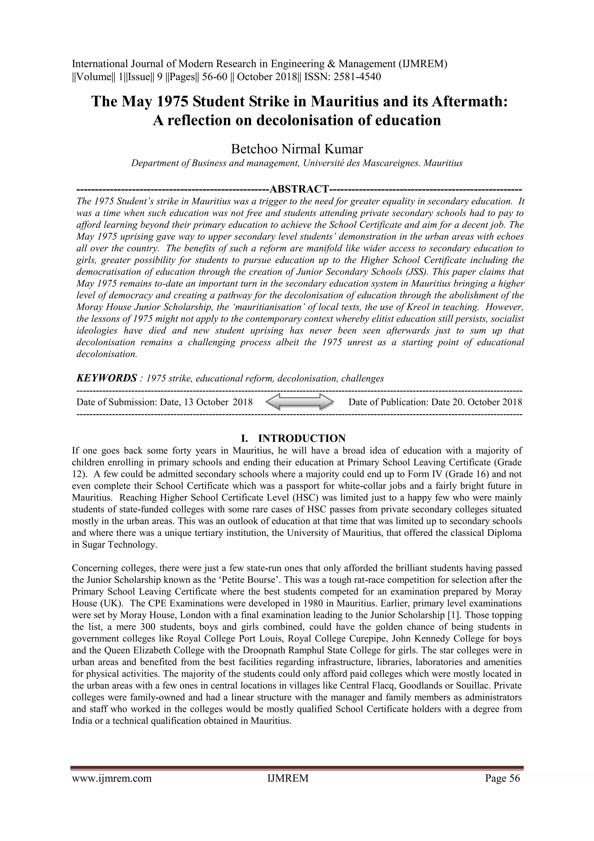 The May 1975 Student Strike in Mauritius and its Aftermath: A ...