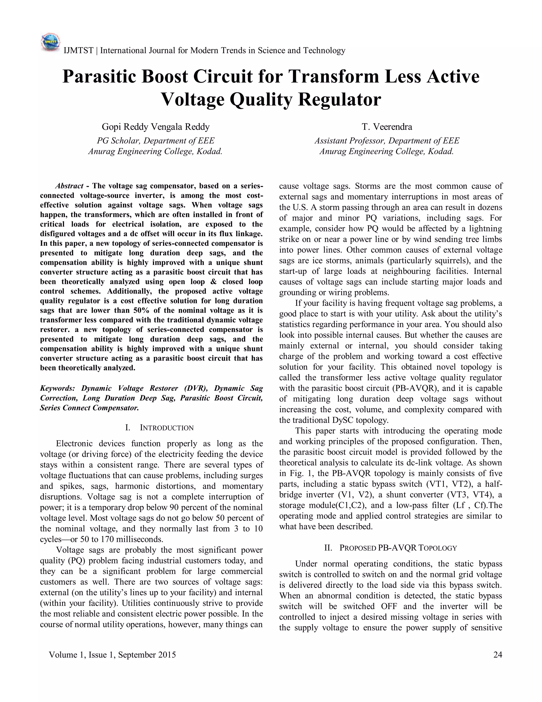 Parasitic Boost Circuit for Transform Less Active Voltage Quality Regulator | PDF