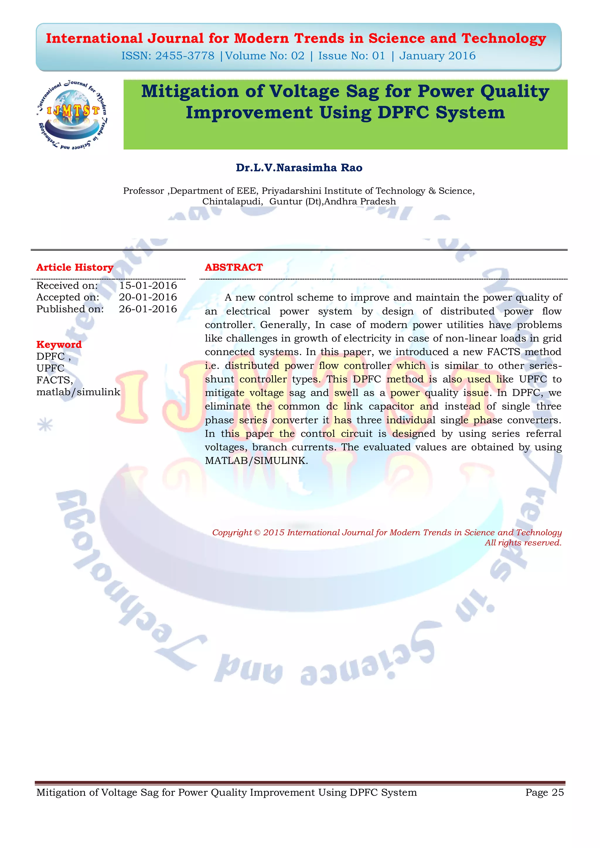 Mitigation Of Voltage Sag For Power Quality Improvement Using Dpfc