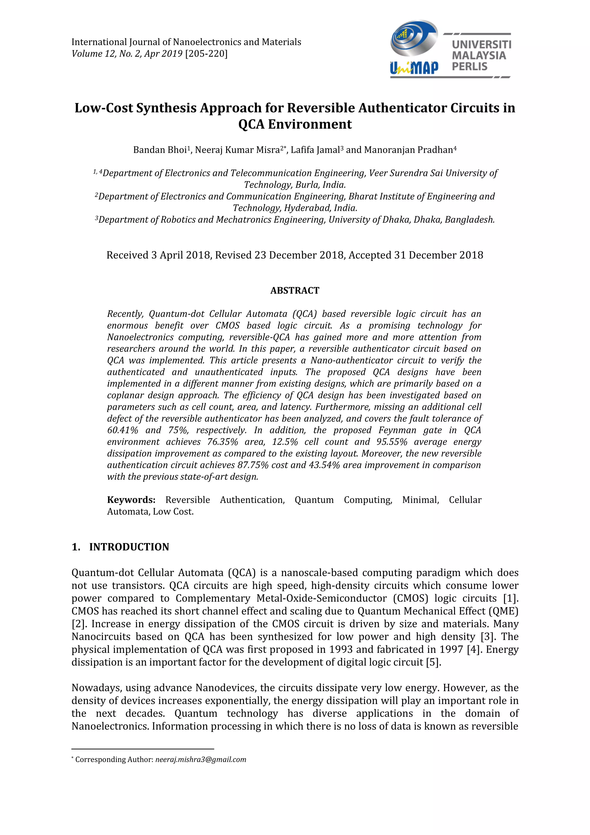 Low-Cost Synthesis Approach for Reversible Authenticator Circuits in QCA Environment | PDF