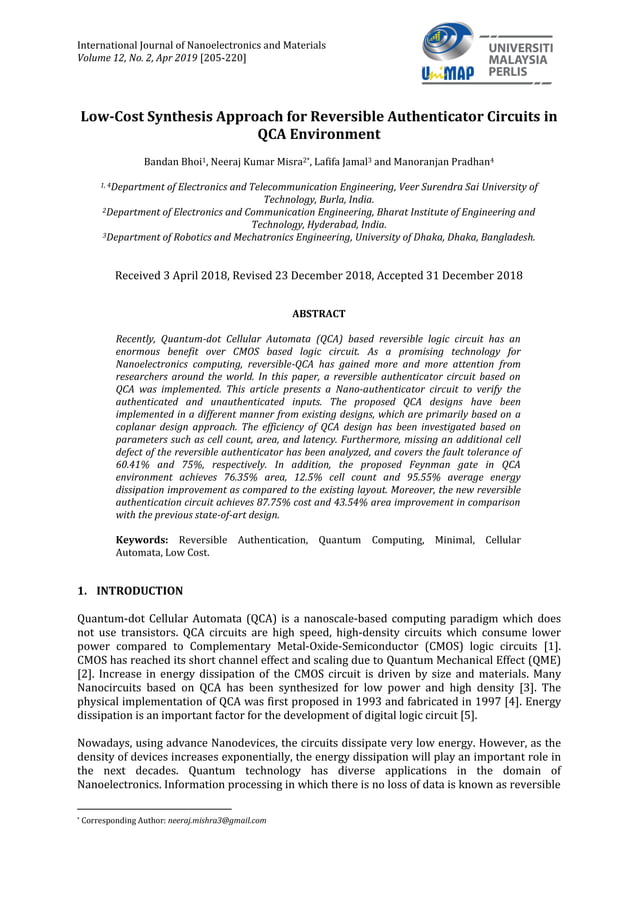 Low-Cost Synthesis Approach for Reversible Authenticator Circuits in QCA Environment | PDF