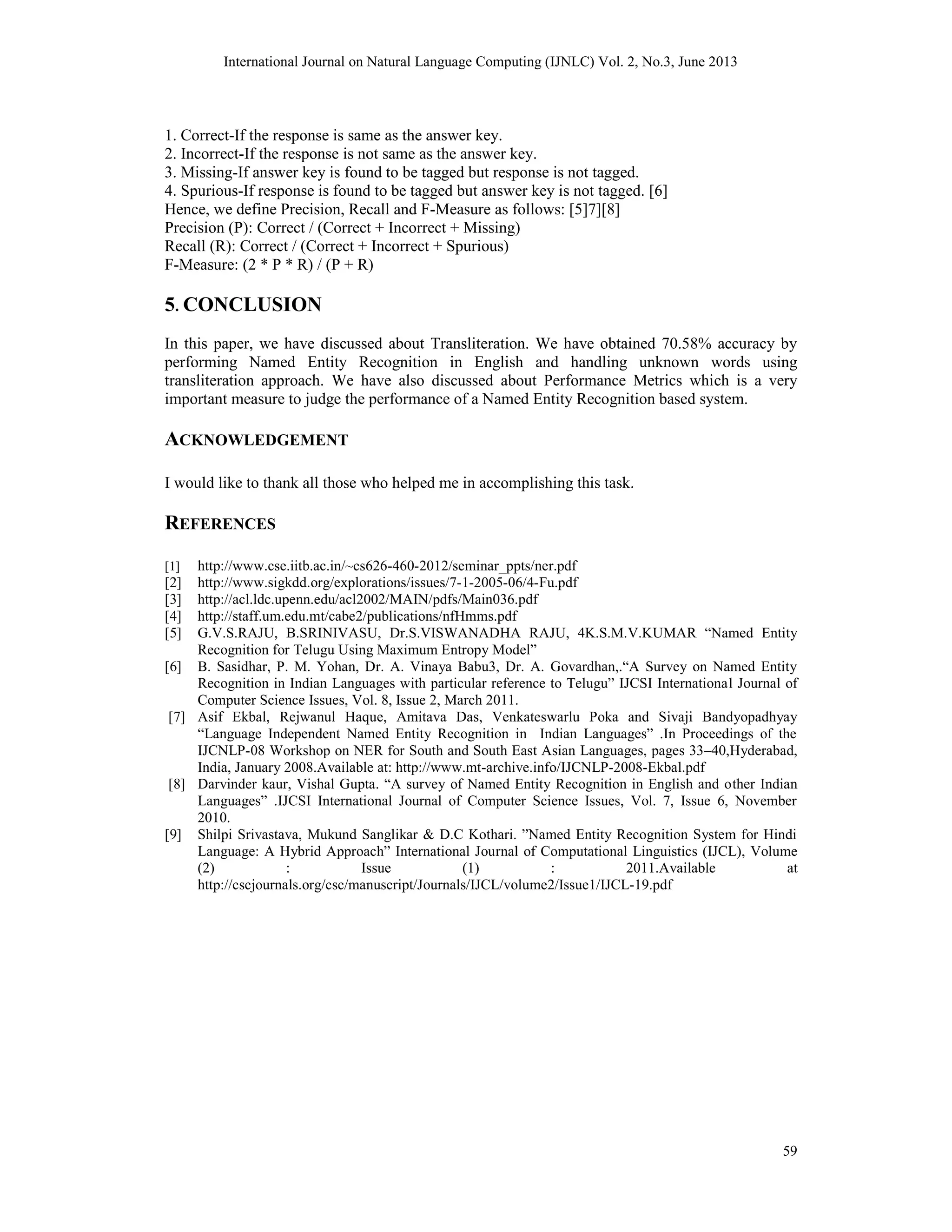 Ijnlc020306NAMED ENTITY RECOGNITION IN NATURAL LANGUAGES USING TRANSLITERATION | PDF