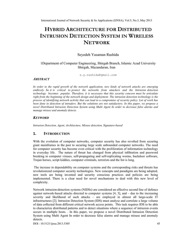 HYBRID ARCHITECTURE FOR DISTRIBUTED INTRUSION DETECTION SYSTEM IN WIRELESS NETWORK | PDF